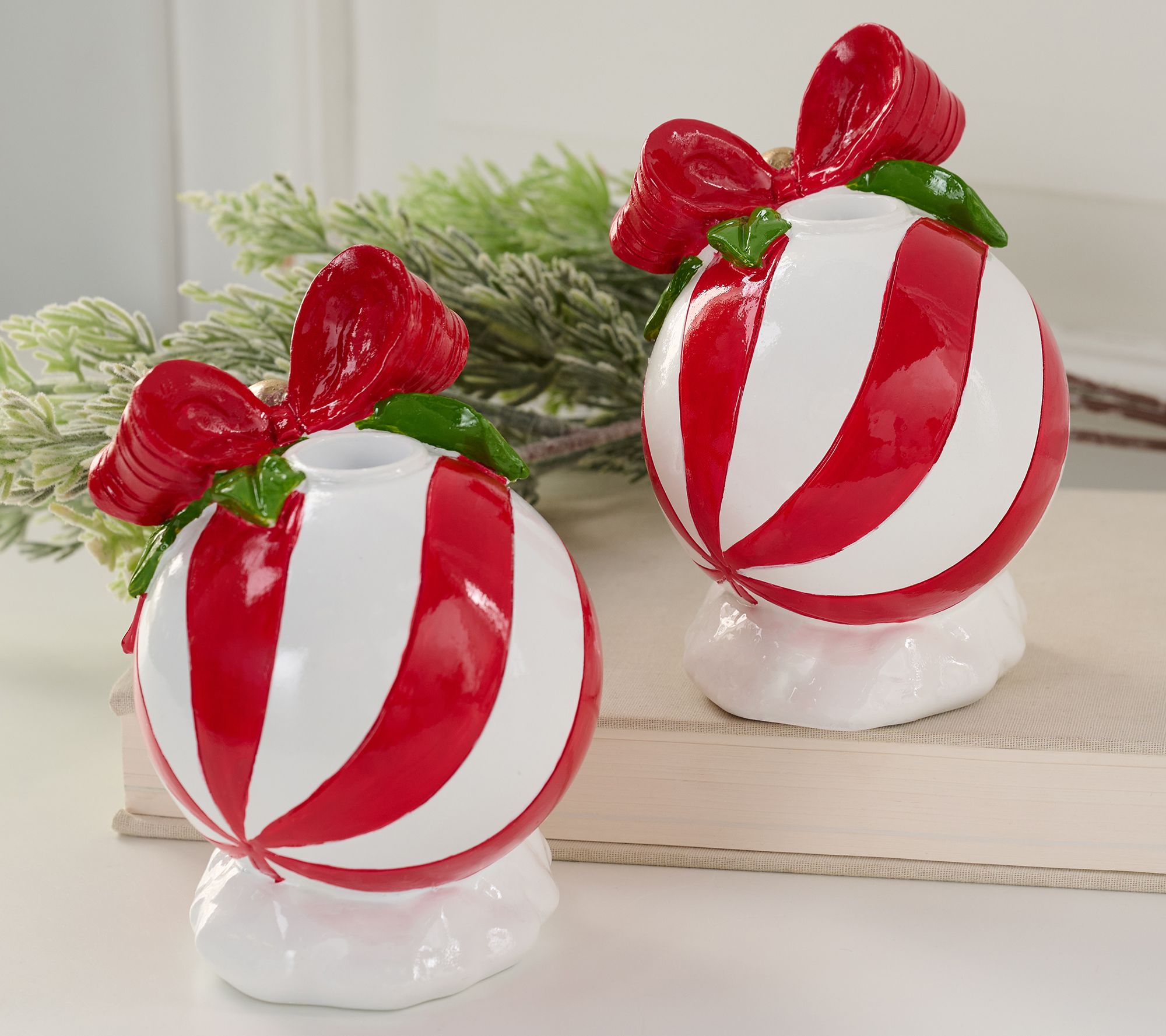 Set of 2 Peppermint Ball Taper Holders by Valerie - QVC.com