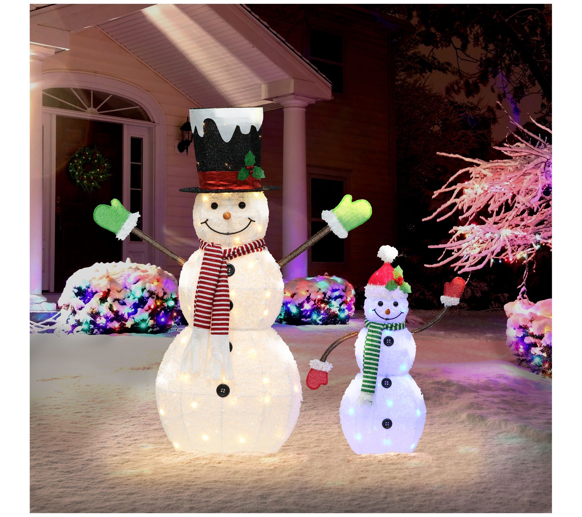 Puleo 2-Piece Lighted Snowmen Set w/100 White and Blue Lights - QVC.com