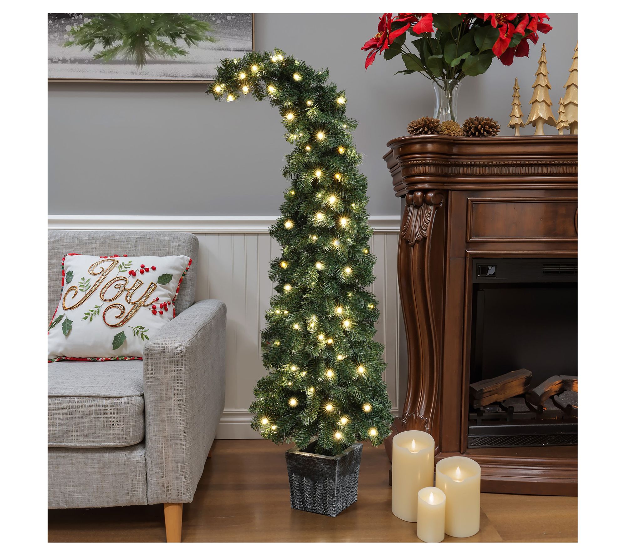 LuxenHome 5Ft Pre-Lit Leaning Top Green Artificial Potted Tree - QVC.com