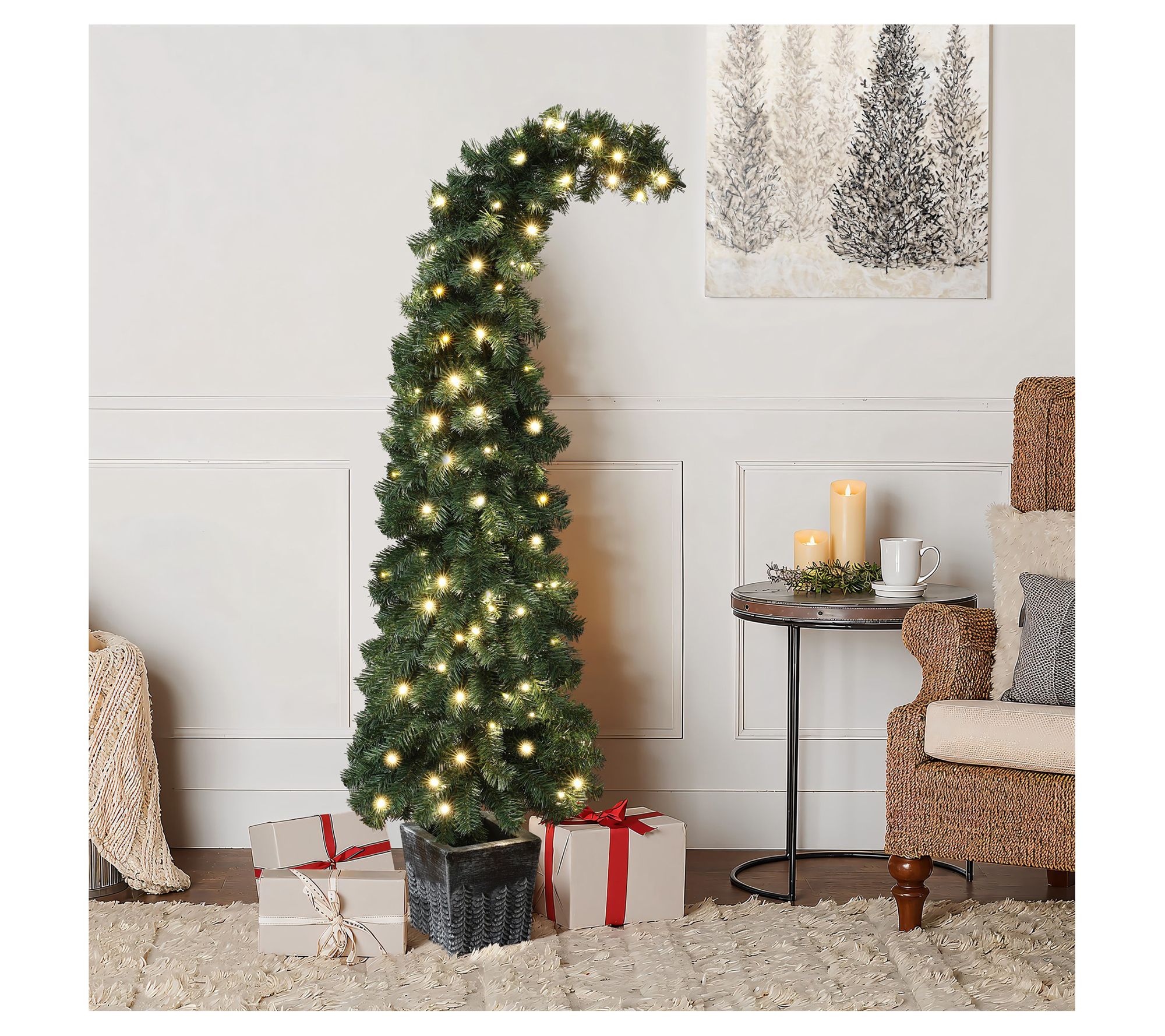 LuxenHome 5Ft Pre-Lit Leaning Top Green Artificial Potted Tree - QVC.com