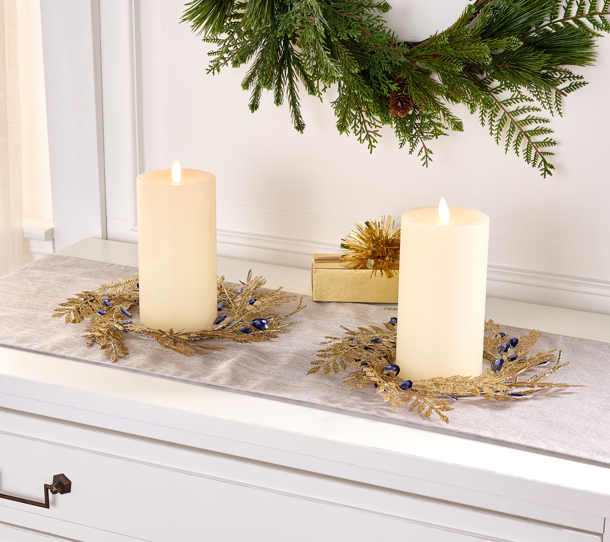 Set of 2 Glittered Leaf & Faceted Gem Candle Rings by Valerie - QVC.com