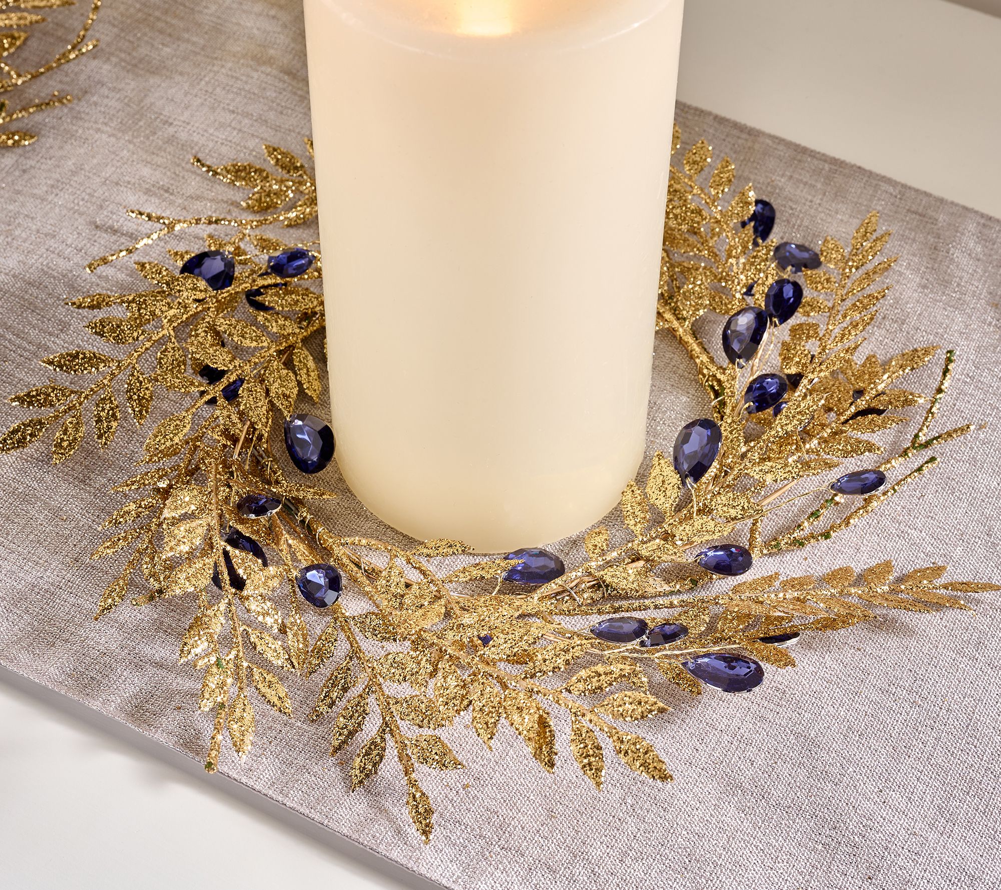 Set of 2 Glittered Leaf & Faceted Gem Candle Rings by Valerie - QVC.com