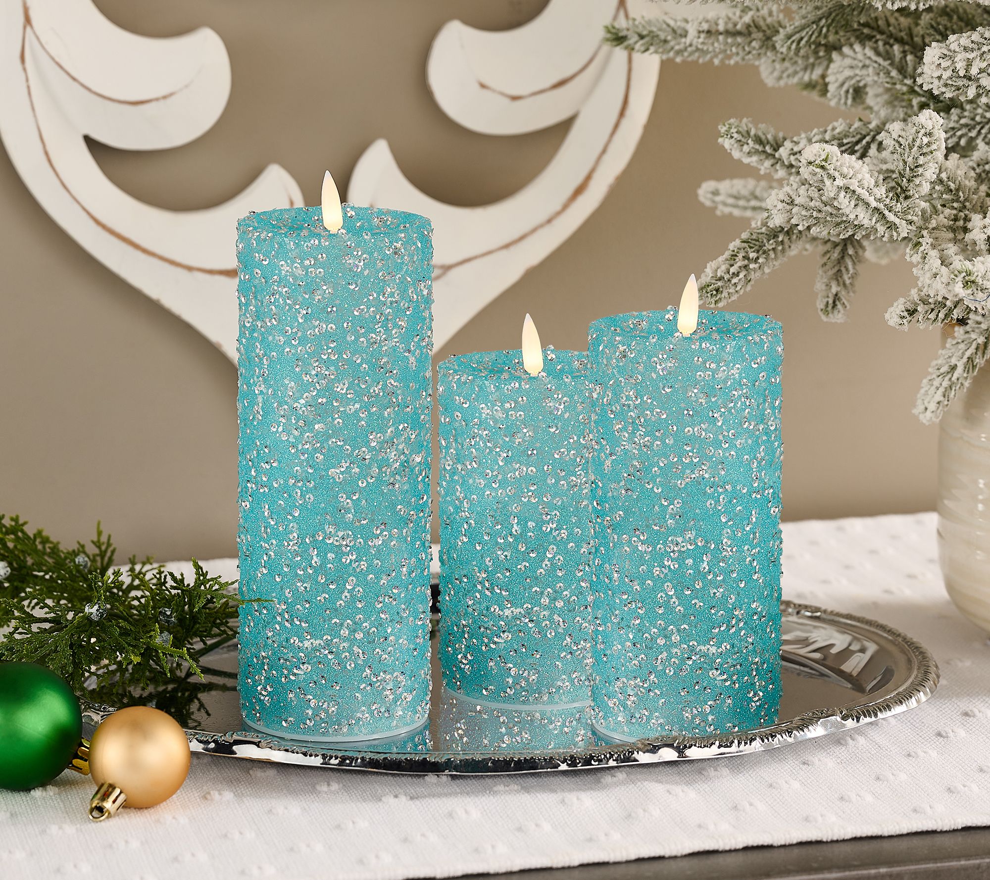 "As Is" Set of 3 Illuminated Beads & Sequins Pillar Candles by Valerie ...