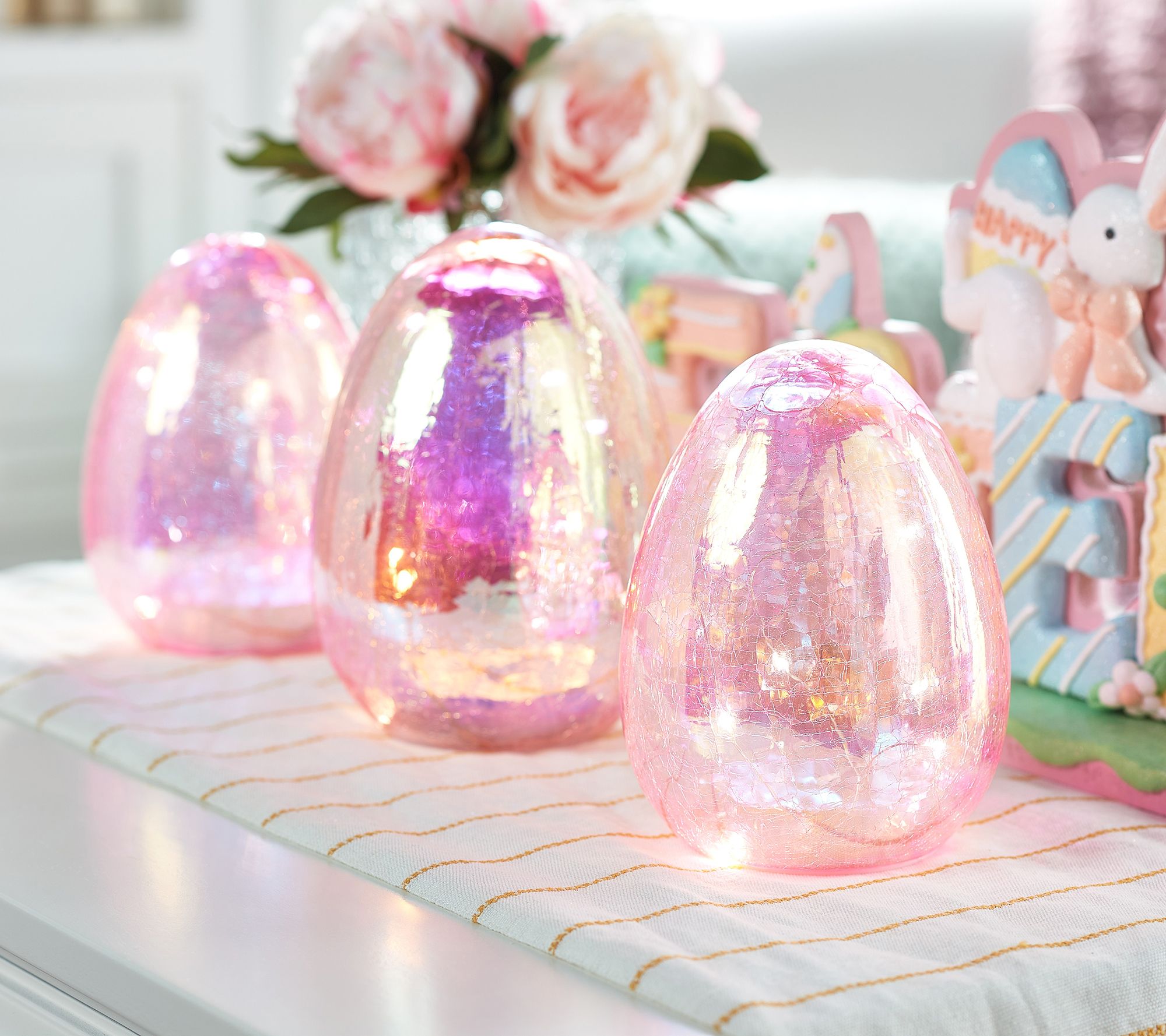 "As Is" Set of 3 Illuminated Iridescent Crackle Glass Eggs by Valerie ...