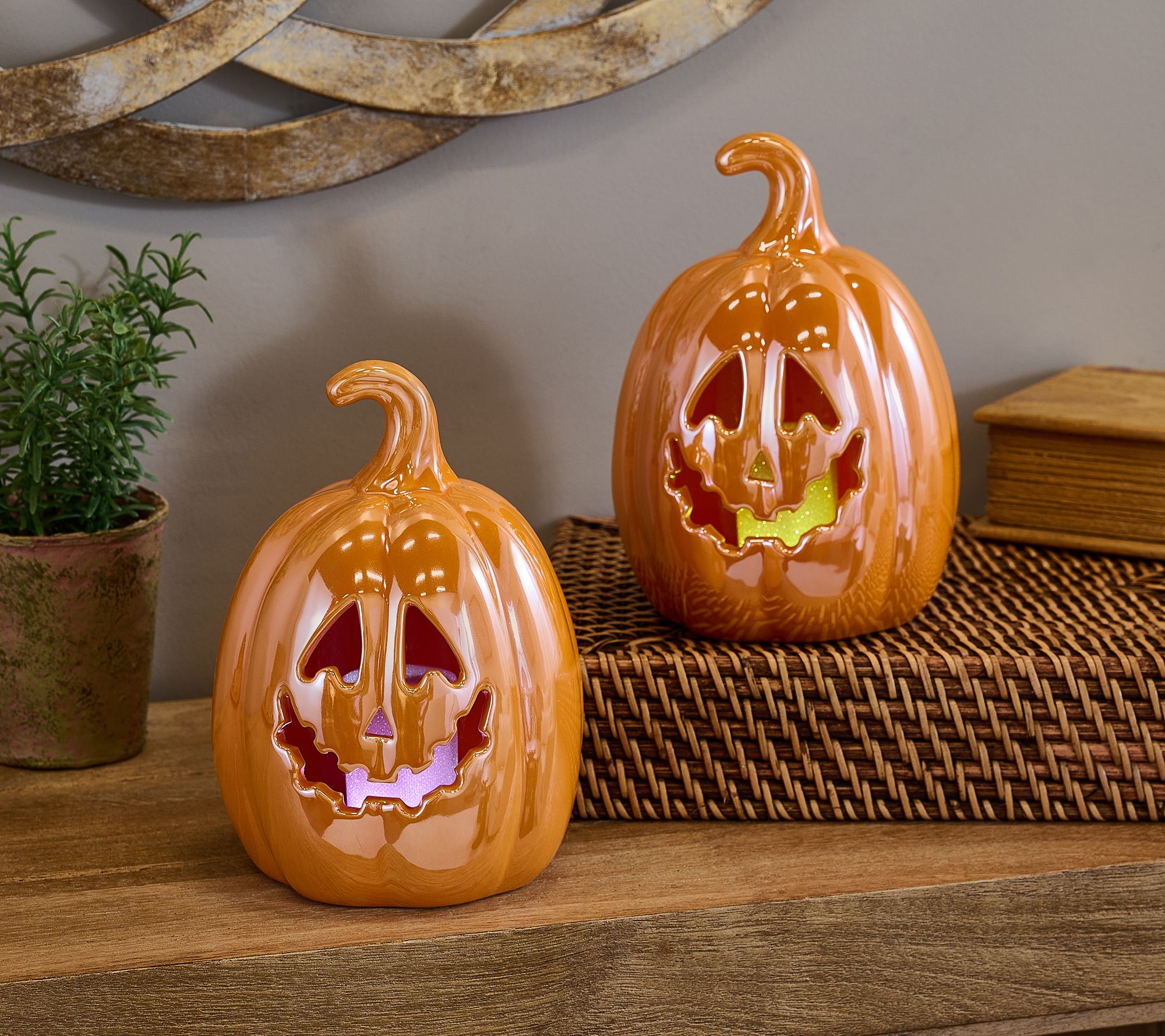 Set of 2 7" Illuminated Ceramic Jack-O-Lanterns by Valerie - QVC.com