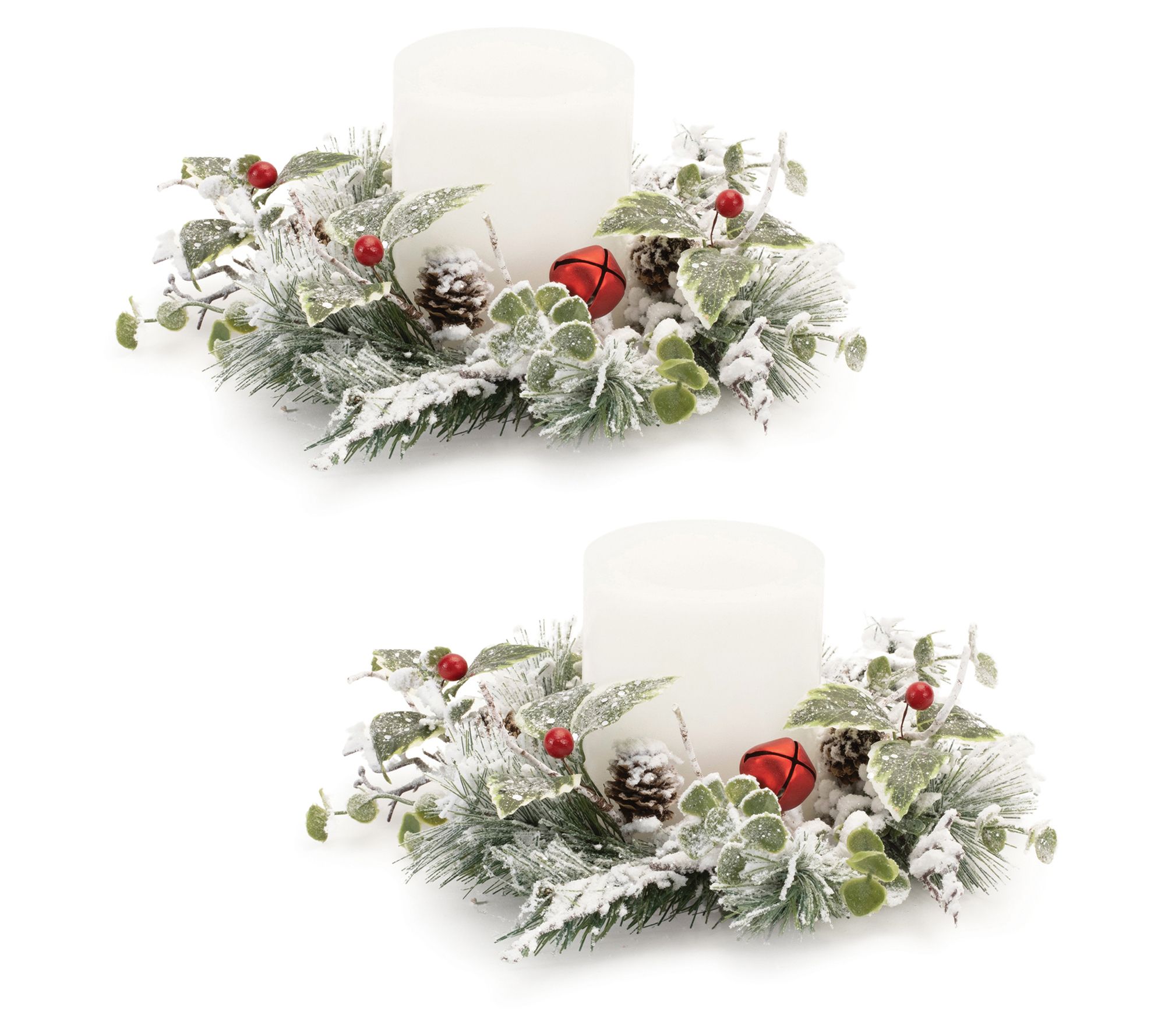 Melrose Flocked Pine Holly Candle Ring (Set of2) - QVC.com