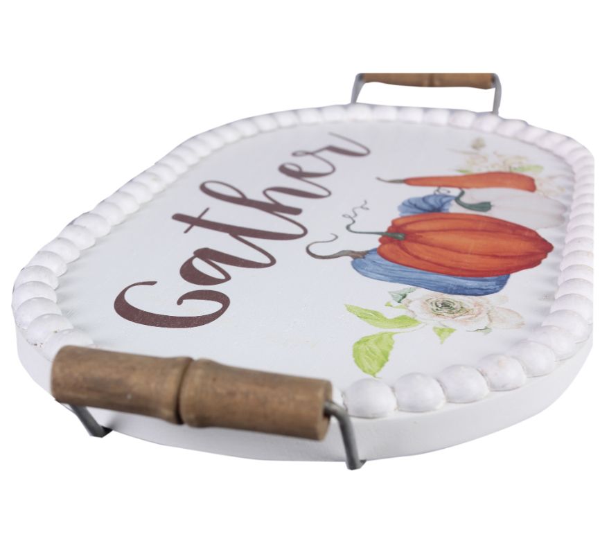 Young's Wood Fall Gather Serving Tray with Blessing Bead Trim - QVC.com