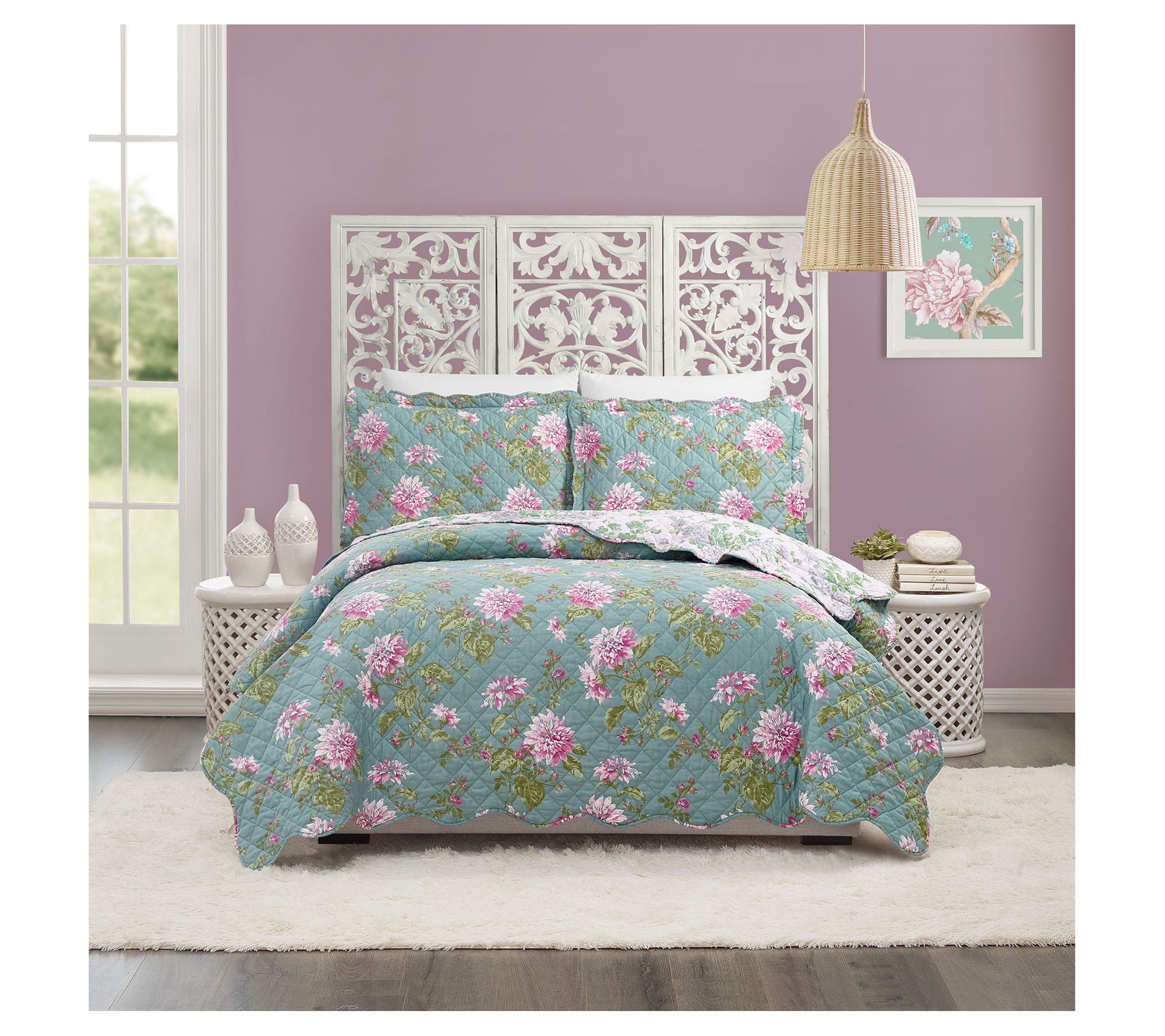 Darling Dahlia 3-Piece Full/Queen Quilt Set - QVC.com