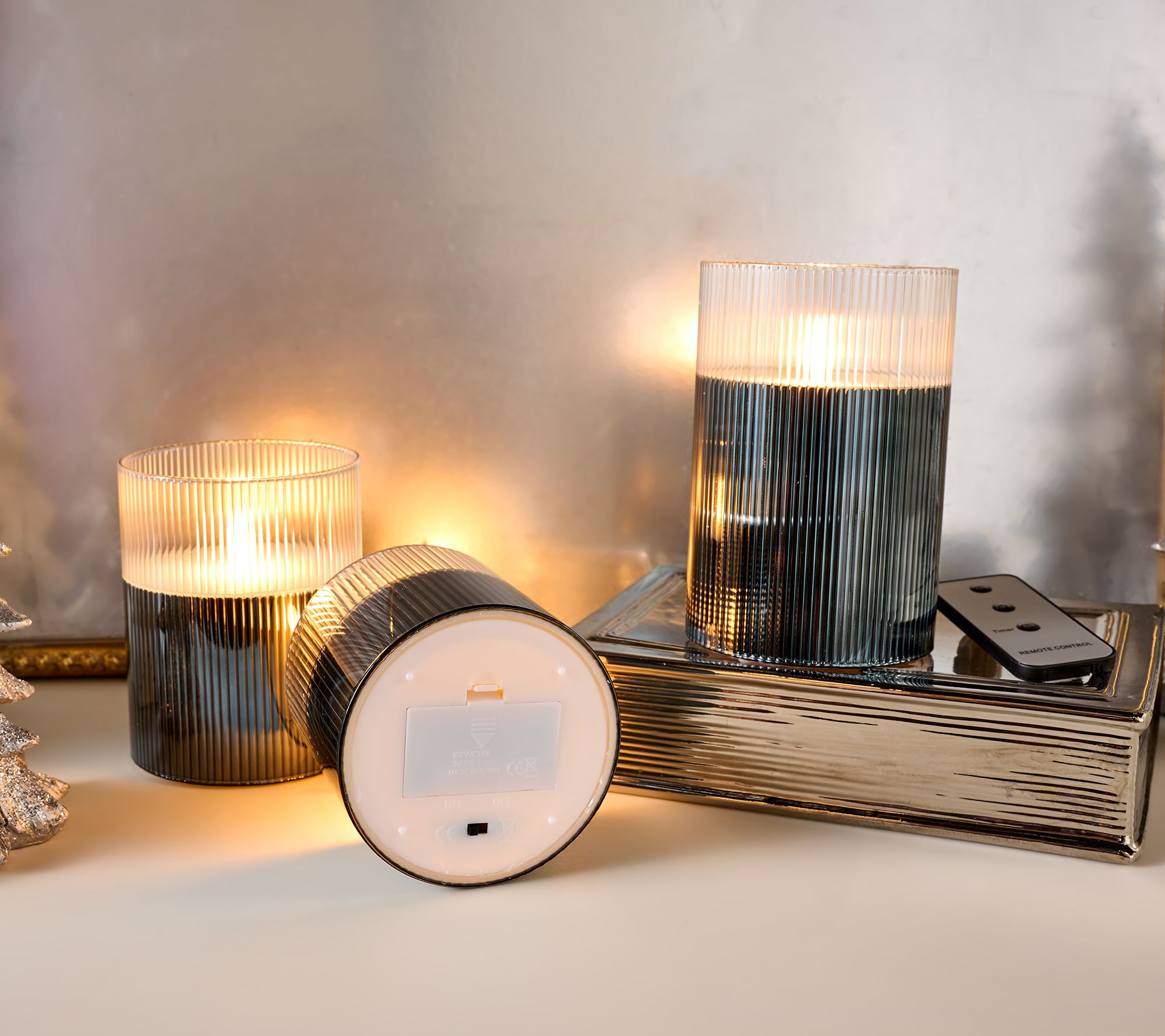 "As Is" Fierce Home Set of 3 Ribbed Glass Flameless Candles - QVC.com