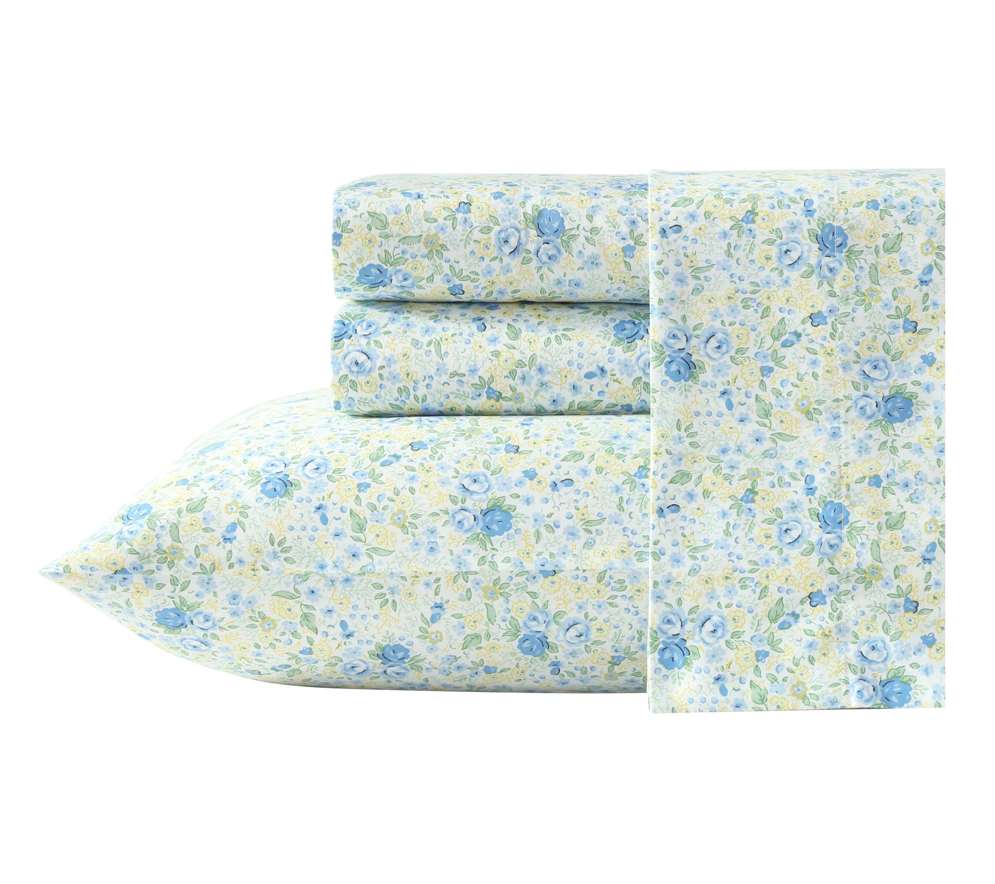 Laura Ashley Rowena Blue/Yellow Cotton Sateen Queen Sheet Set - QVC.com