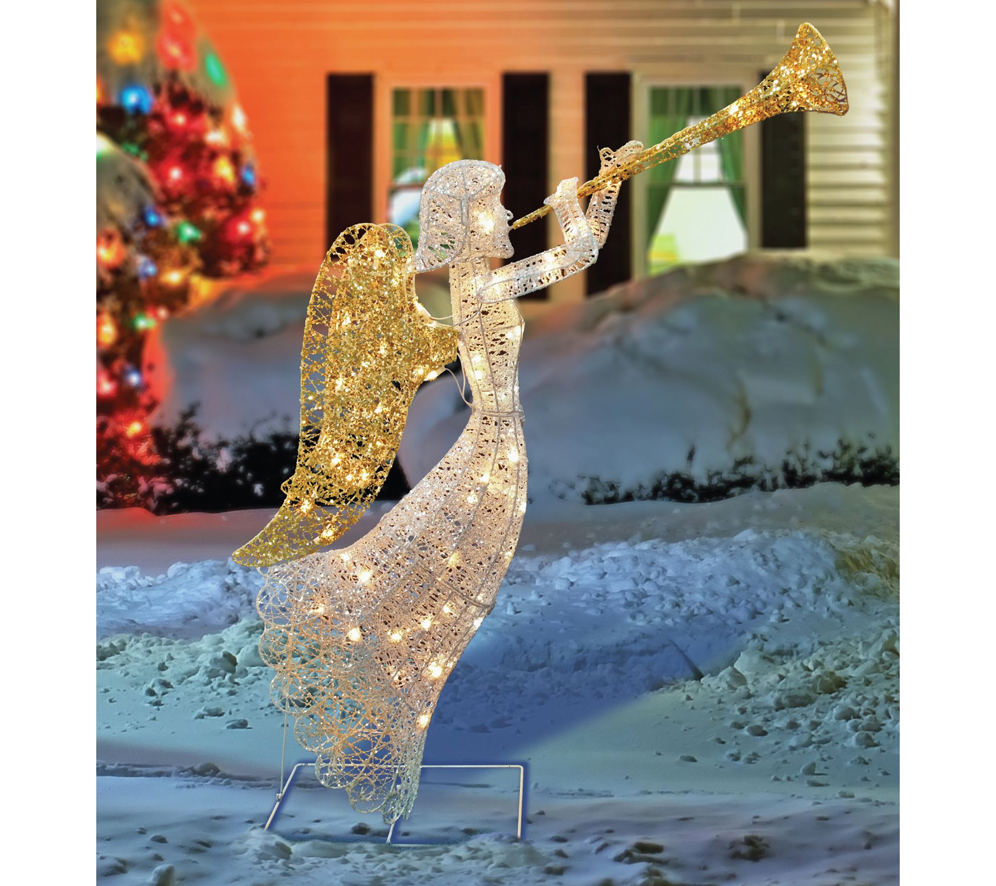 Northlight 48" Lit Glittered Silver & Gold Trumpeting Angel - QVC.com