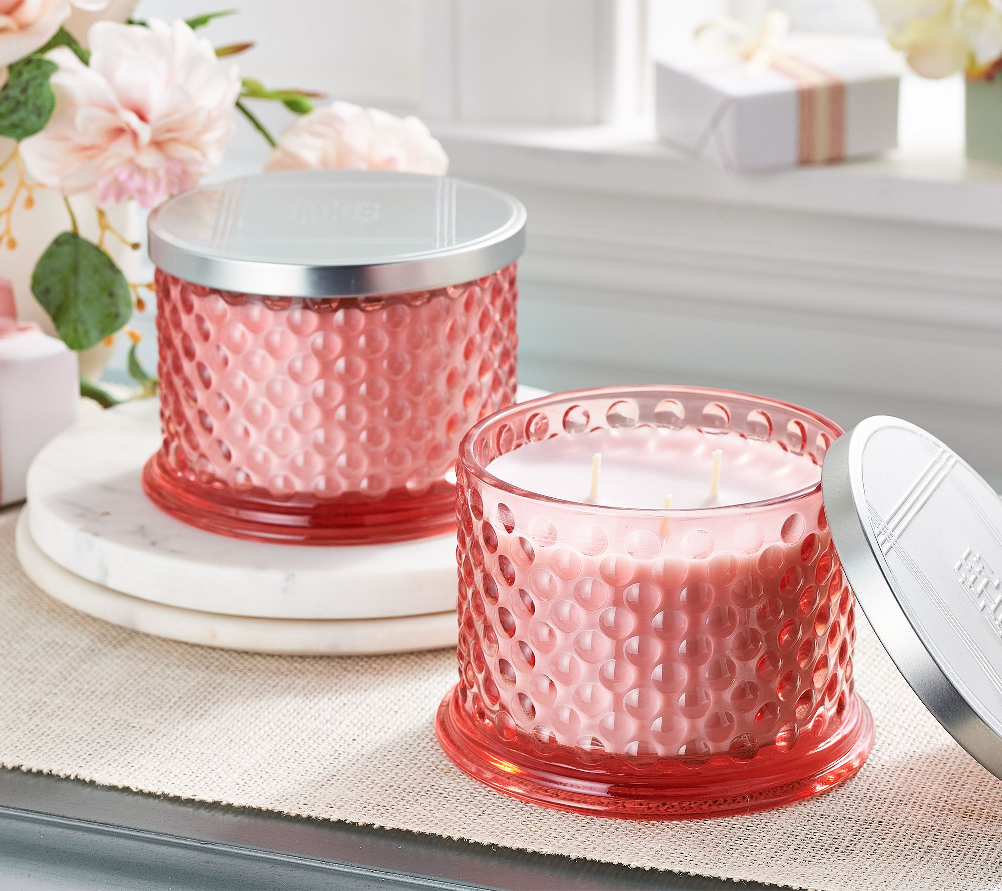 "As Is"HomeWorx by Slatkin & Co S/2 14oz Hibiscus Flower Glass Candles ...