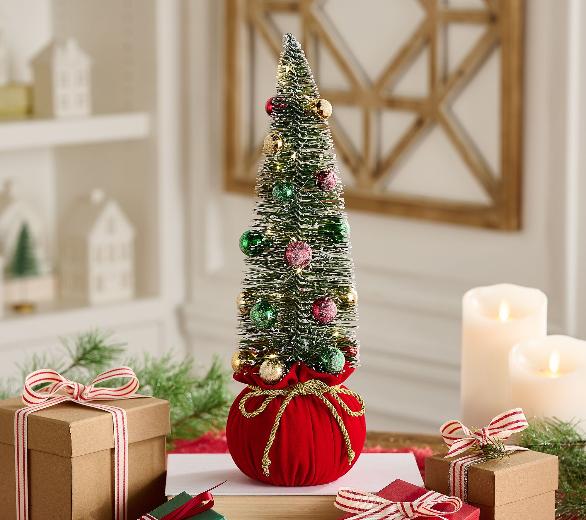 "As Is" 16" Illuminated Bottlebrush Tree in Santa Sack by Valerie - QVC.com