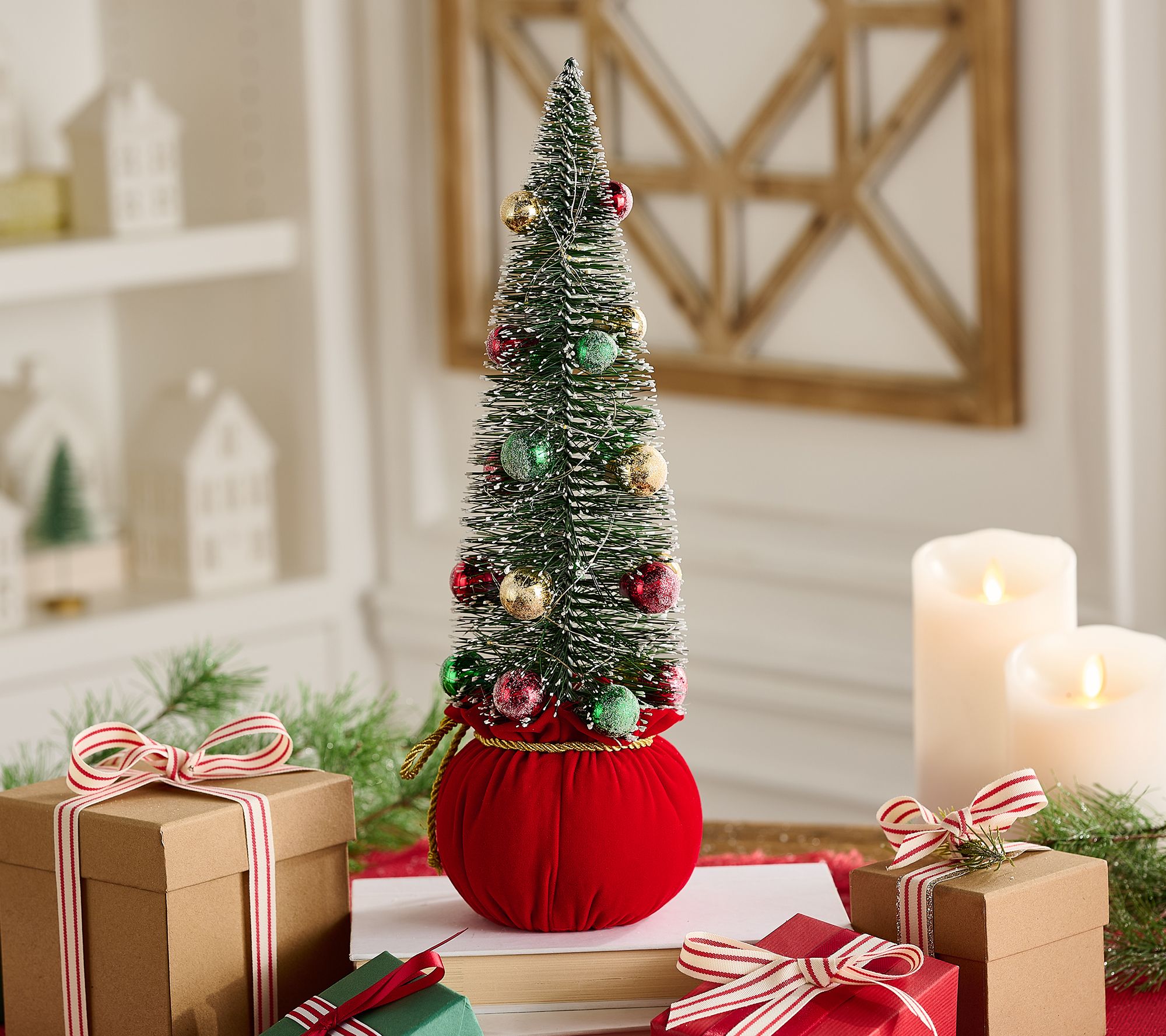 "As Is" 16" Illuminated Bottlebrush Tree in Santa Sack by Valerie - QVC.com