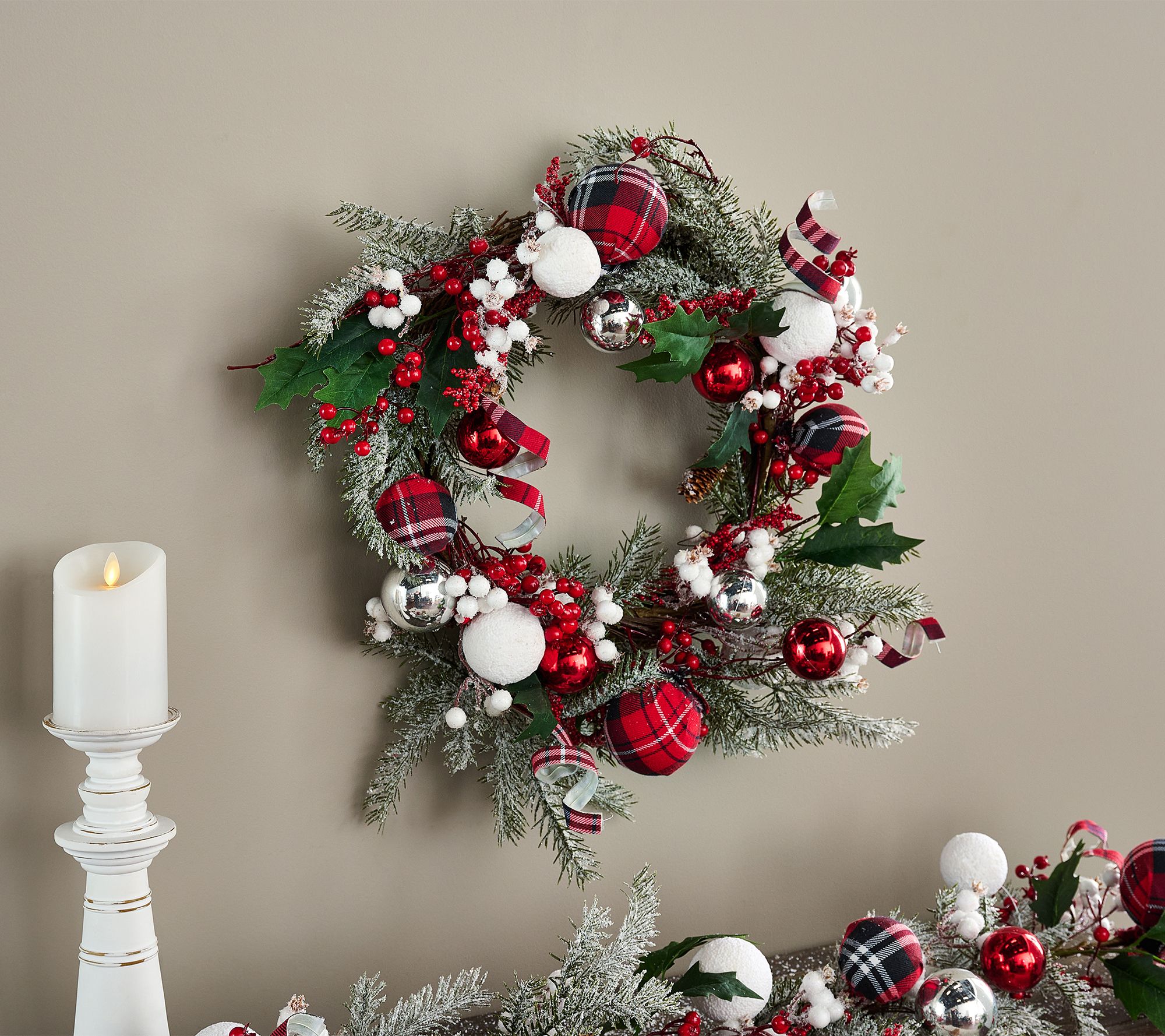 "As Is" 24" Plaid Ball, Holly and Pine Wreath by Valerie - QVC.com