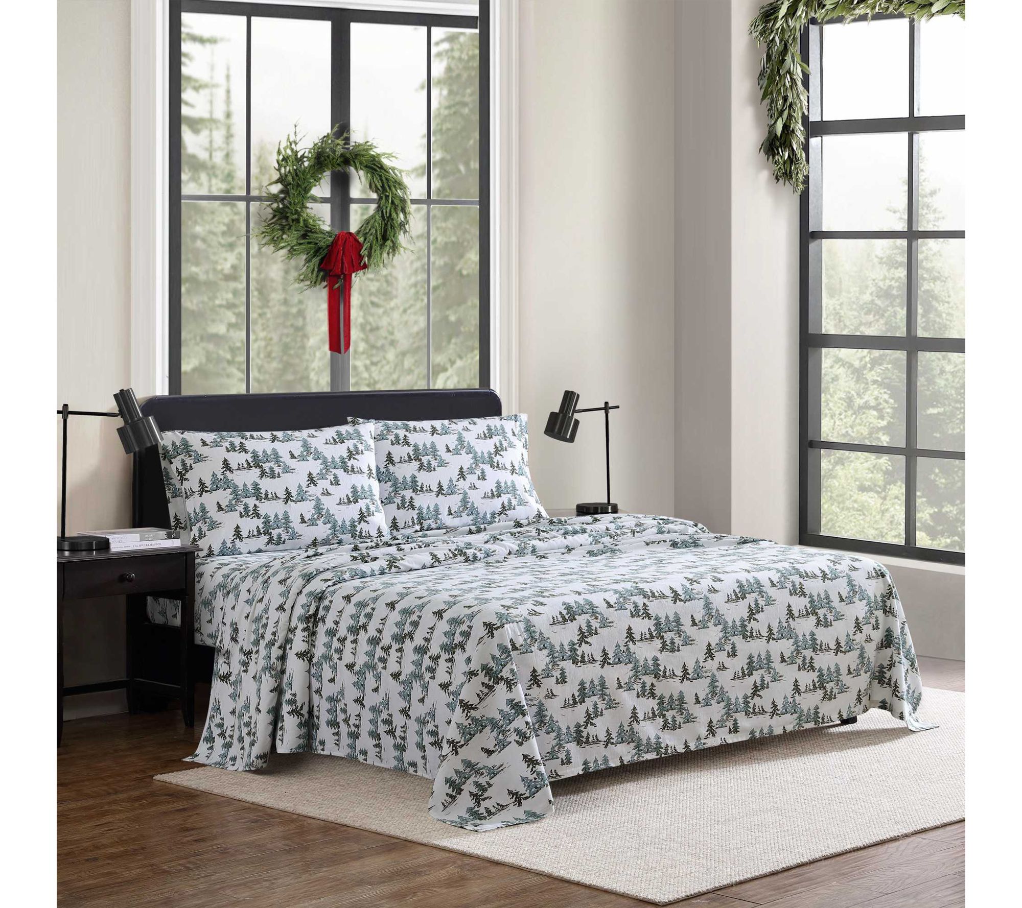 Eddie Bauer Snowy Pine Trees Cotton Flannel Full Sheet Set - QVC.com