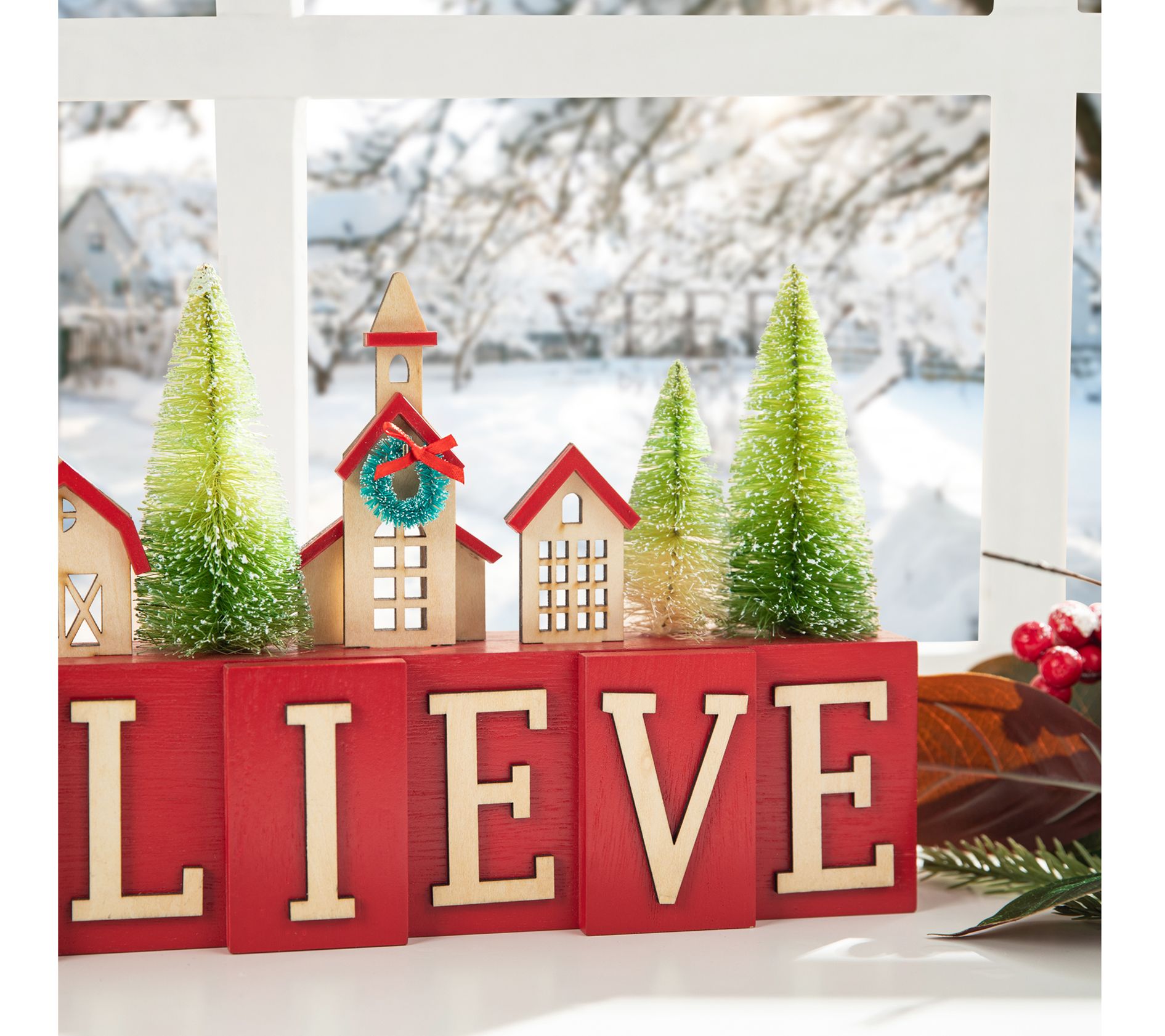 Glitzhome 14" Christmas Wooden House W Brush Tr ees Table Deco - QVC.com