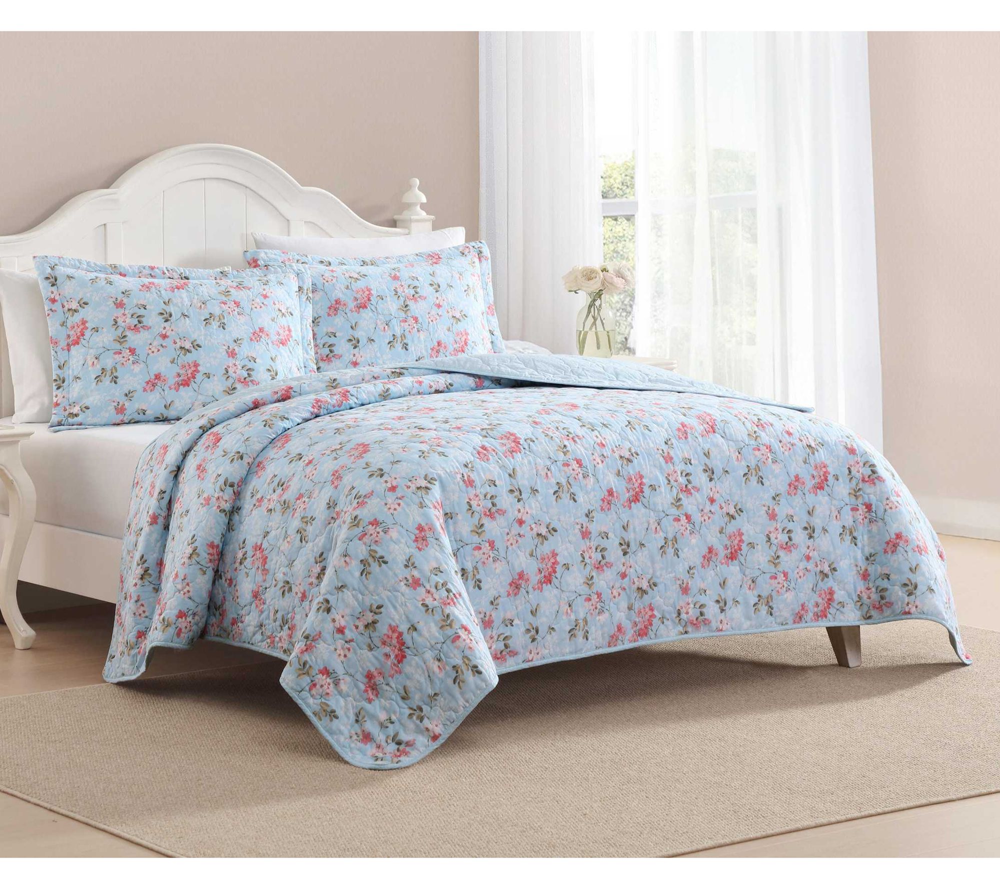 Laura Ashley Blissful Dream Blue-Pink Twin Quilt Set - QVC.com