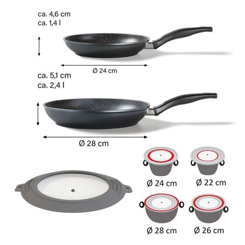 STONELINE Set 2 padelle antiaderenti + coperchio in vetro multi-misura ...