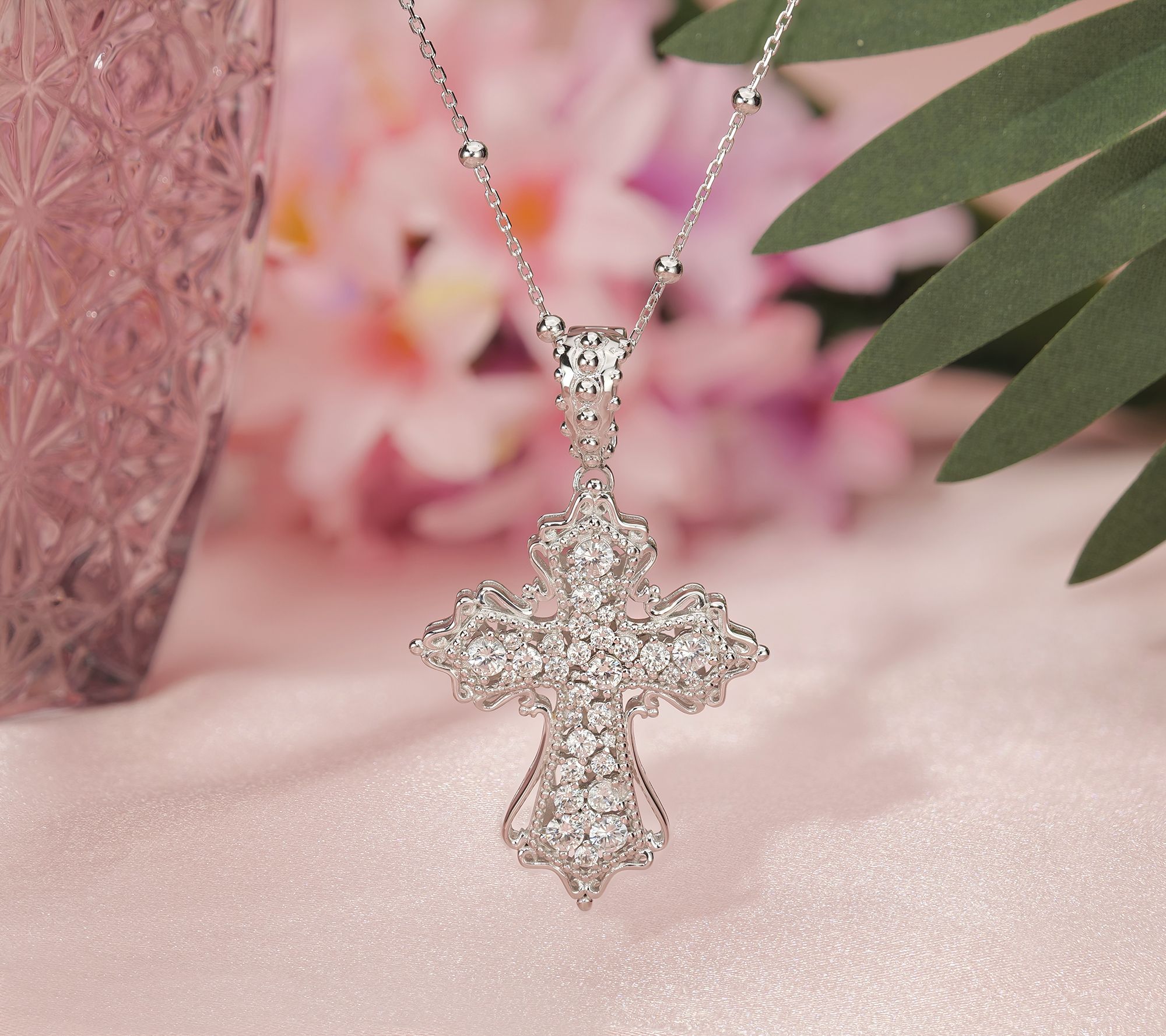Dallas Prince White Zircon Filagree Cross Necklace Sterling Silver QVC