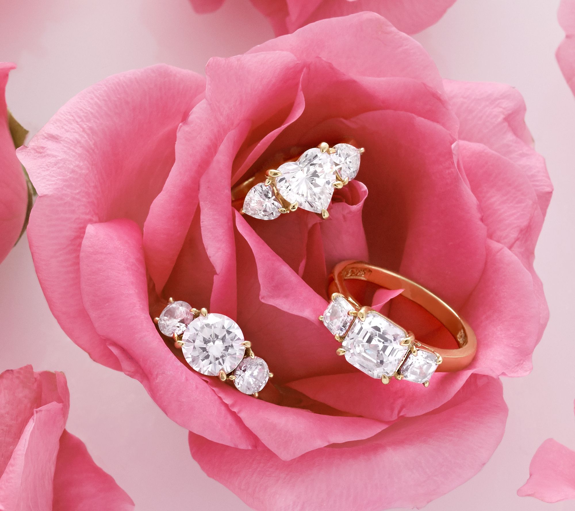 (QVC) Q2 – Diamonique 3.00 cttw Three Stone Ring, Gold Clad ...