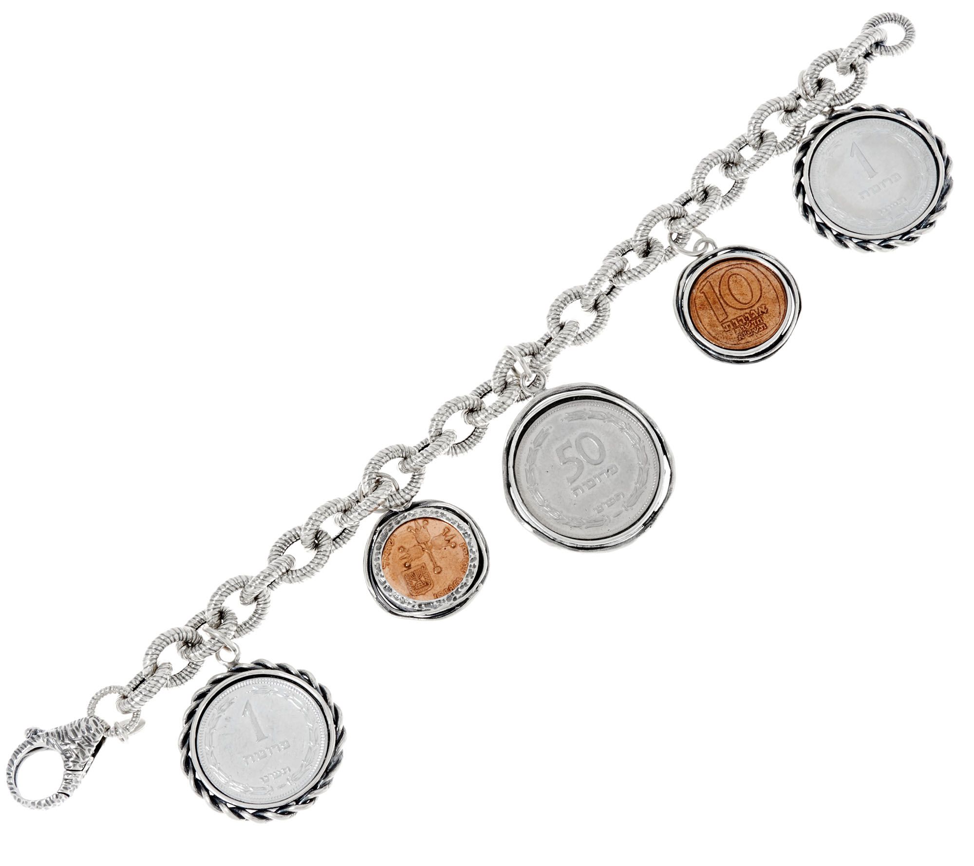 "As Is" Or Paz Sterling Silver Israeli Coin Charm Bracelet - QVC.com
