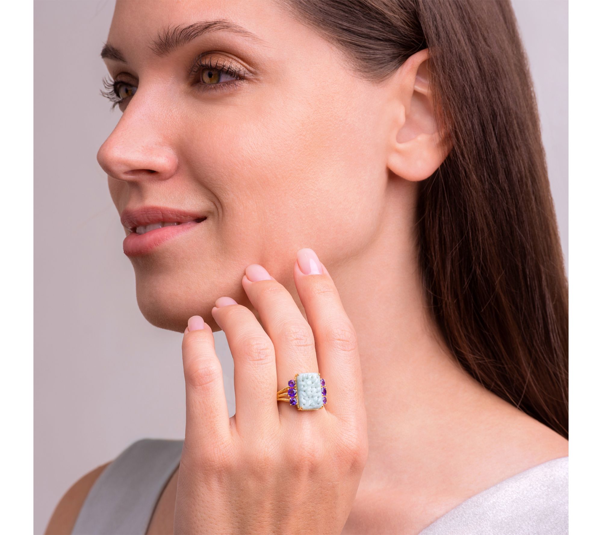 Dynasty Jade & Amethyst Carved Ring, 18K Gold Plated Sterling - QVC.com