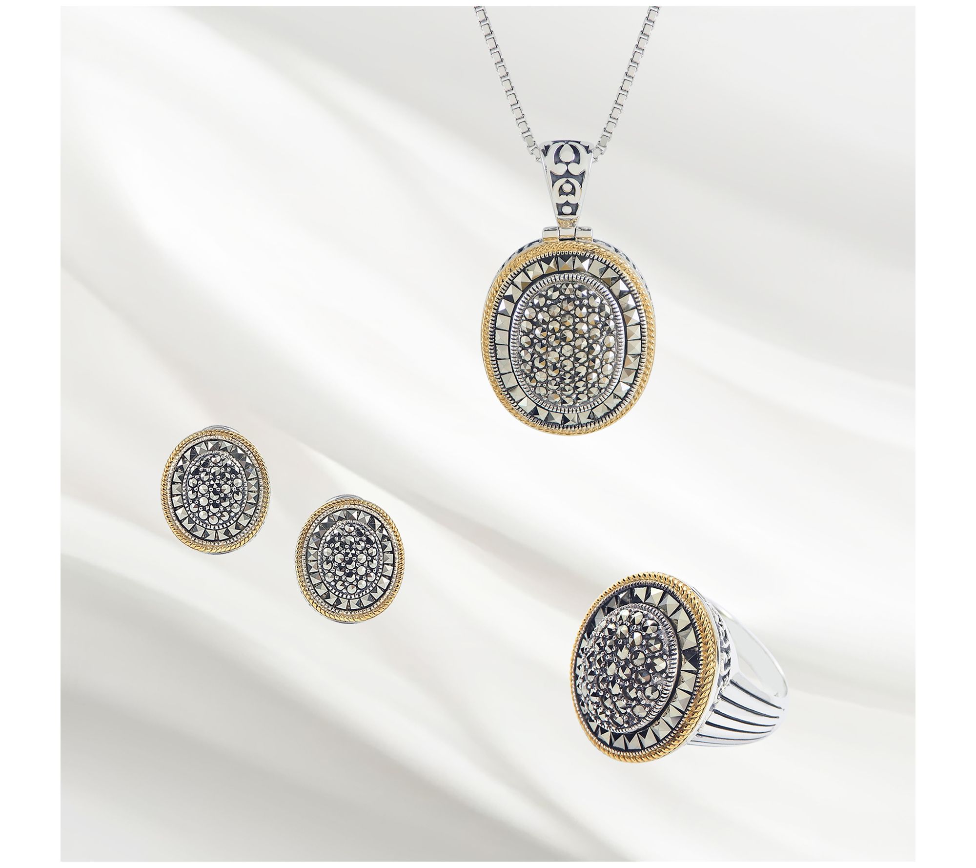 Suspicion Sterling Two-Tone Marcasite Oval Pendant w/ Chain - QVC.com