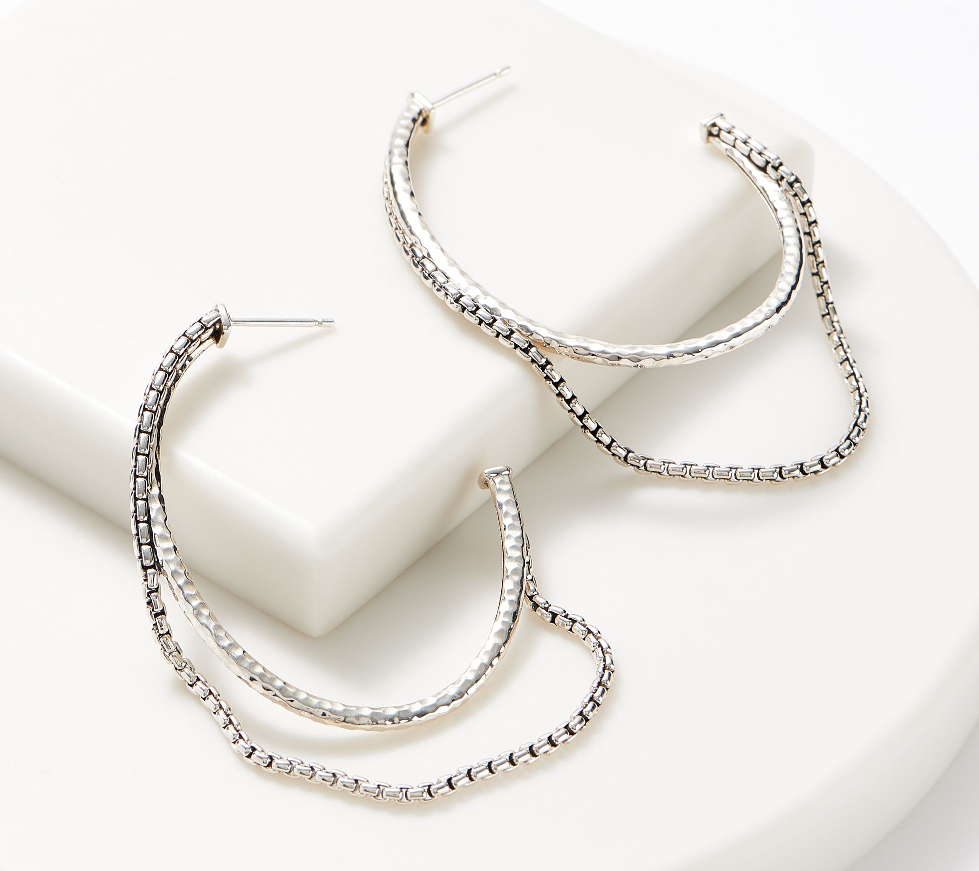 JAI Sterling Silver 2-1/2" Hammered Box Chain Hoop Earrings - QVC.com