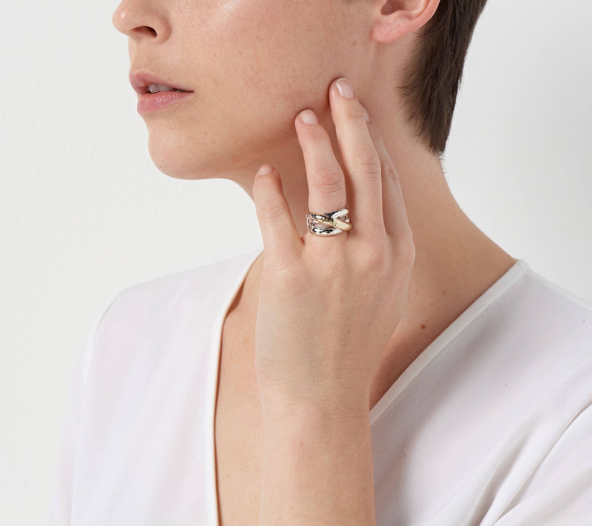 JAI Sterling Silver & 14K Gold Hammered Crossover Ring - QVC.com