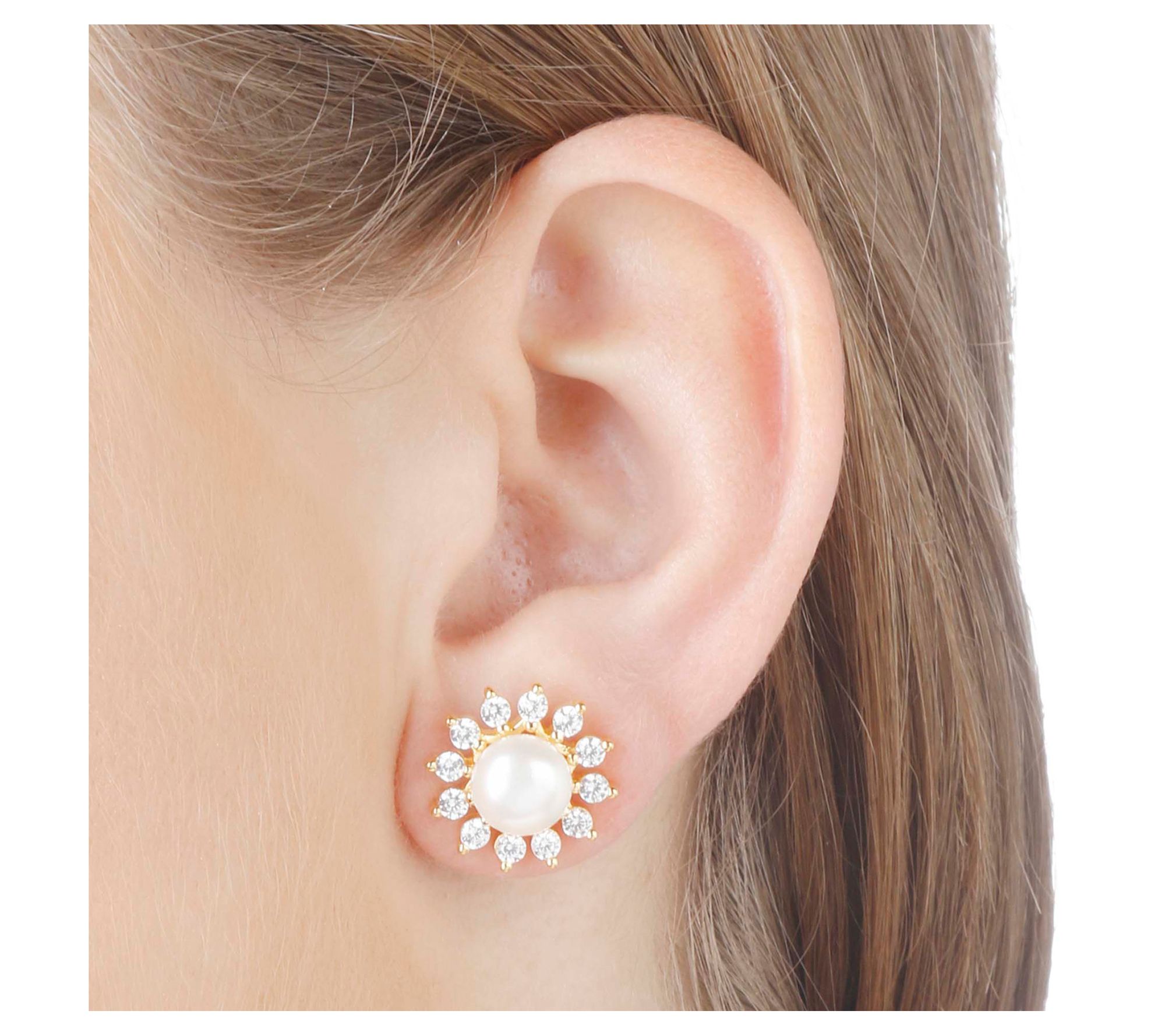 Diamonique x Affinity Cultured Pearl Stud Earrings, 14K Plated - QVC.com