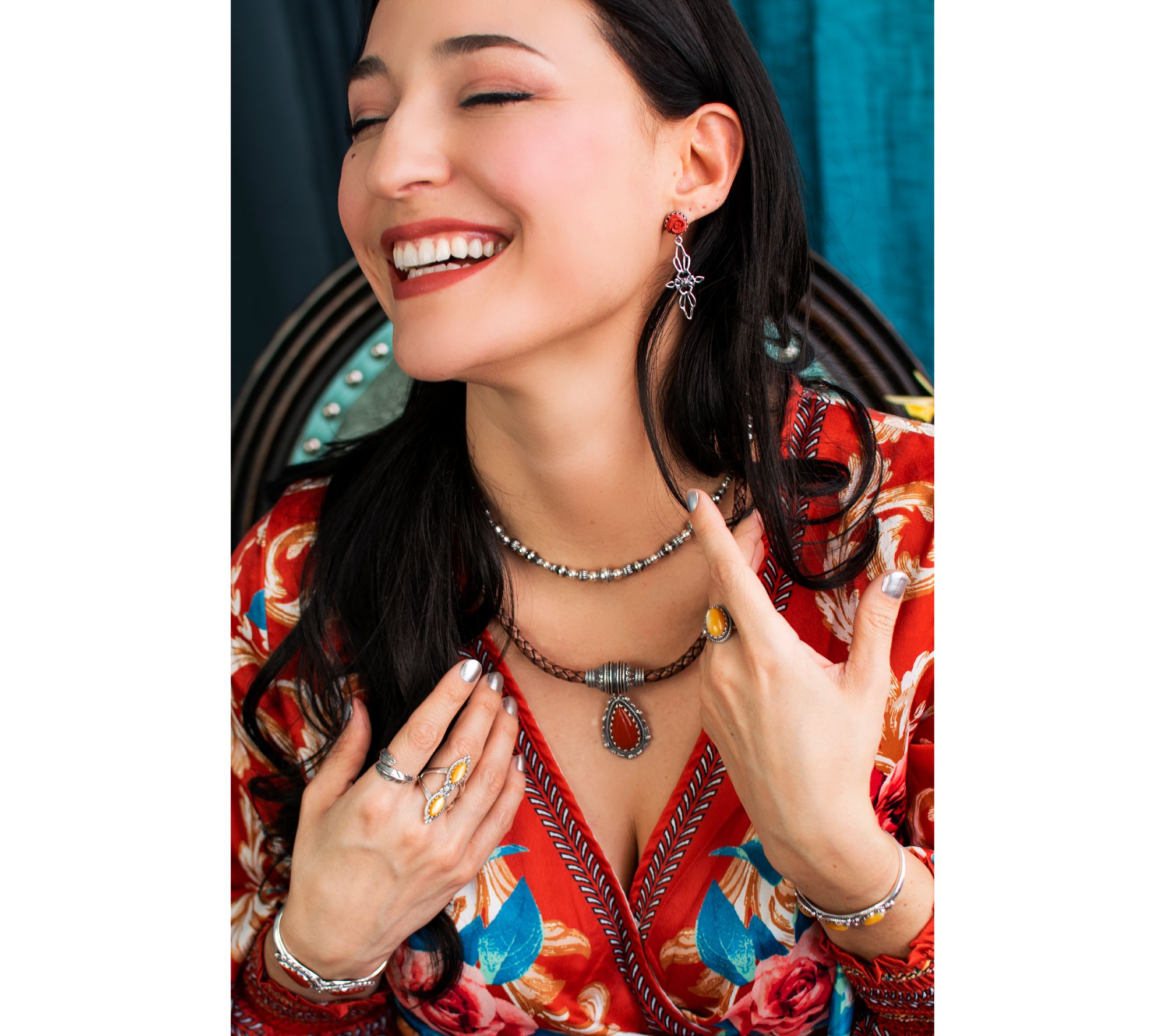 American West Braided Leather Magnetic Necklace w/ Gem & Sterl Pendant ...