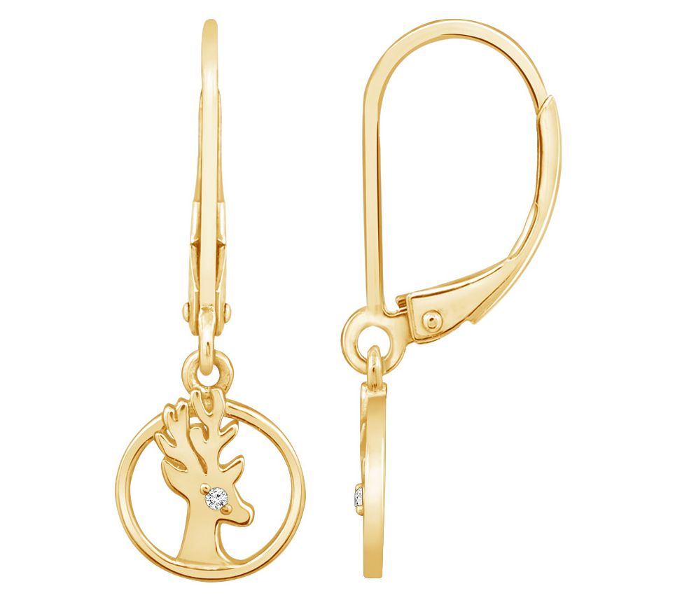 Diamonique Round Reindeer Dangle Earrings, 14K Gold Plated - QVC.com