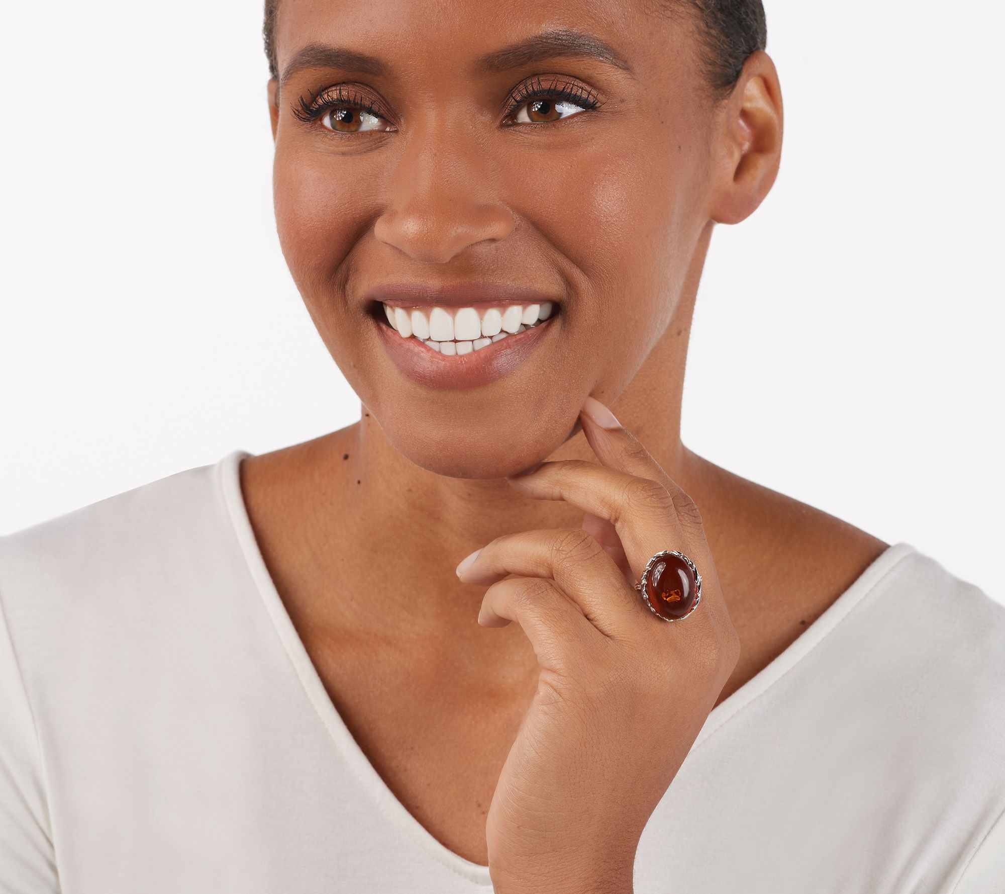 "As Is" Sterling Silver Oval Amber Cabochon Leaf Design Ring - QVC.com