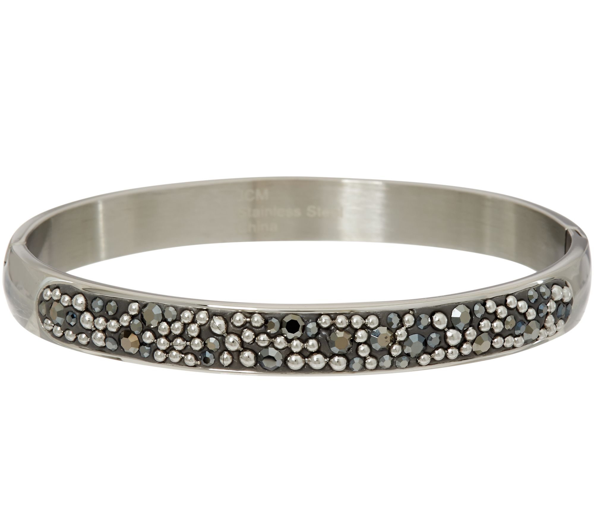 Stainless Steel Crystal and Bead Design Hinged Bangle Bracelet - QVC.com