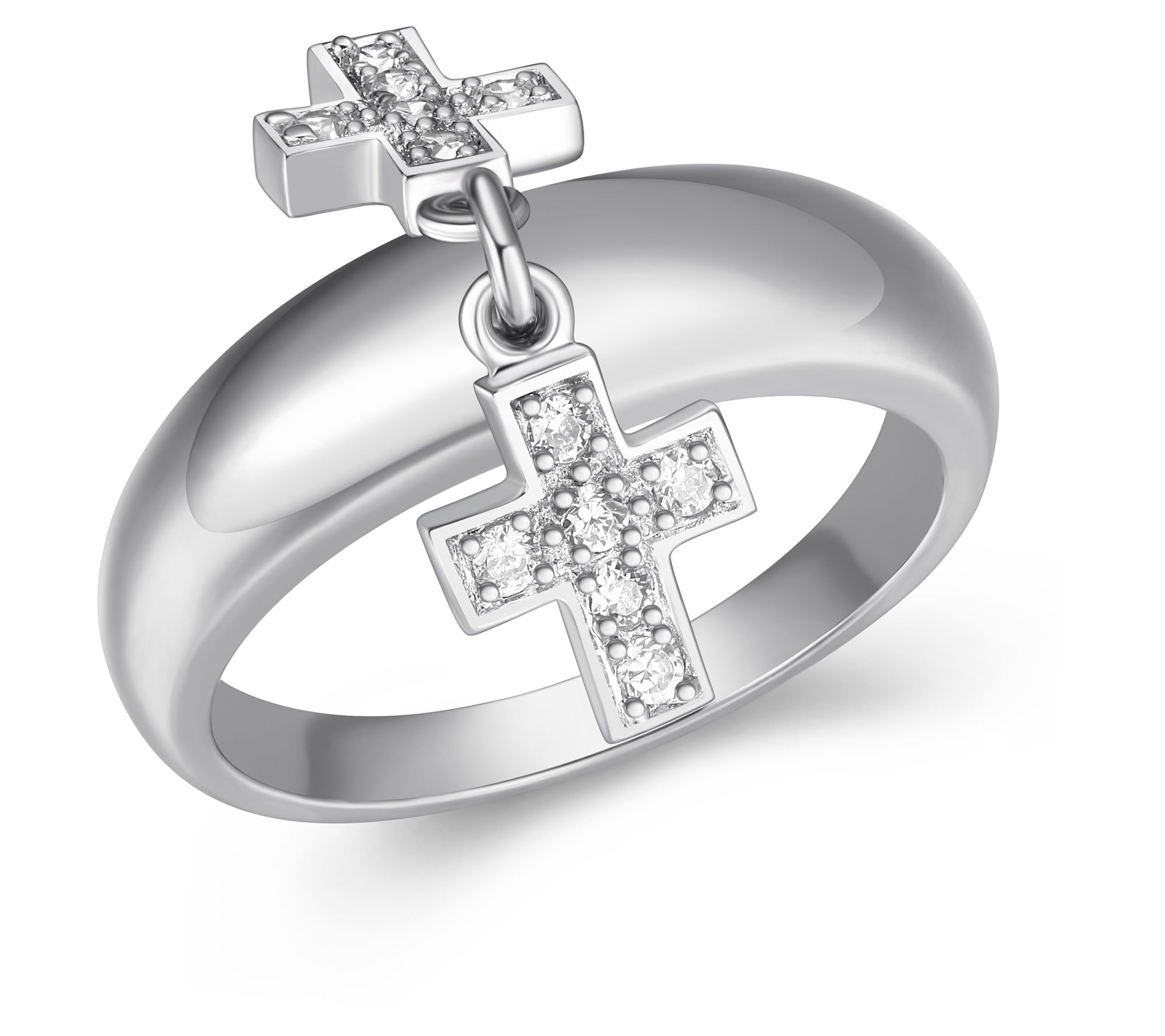 Diamonique Dangle Cross Charm Ring, Sterling Siver - QVC.com