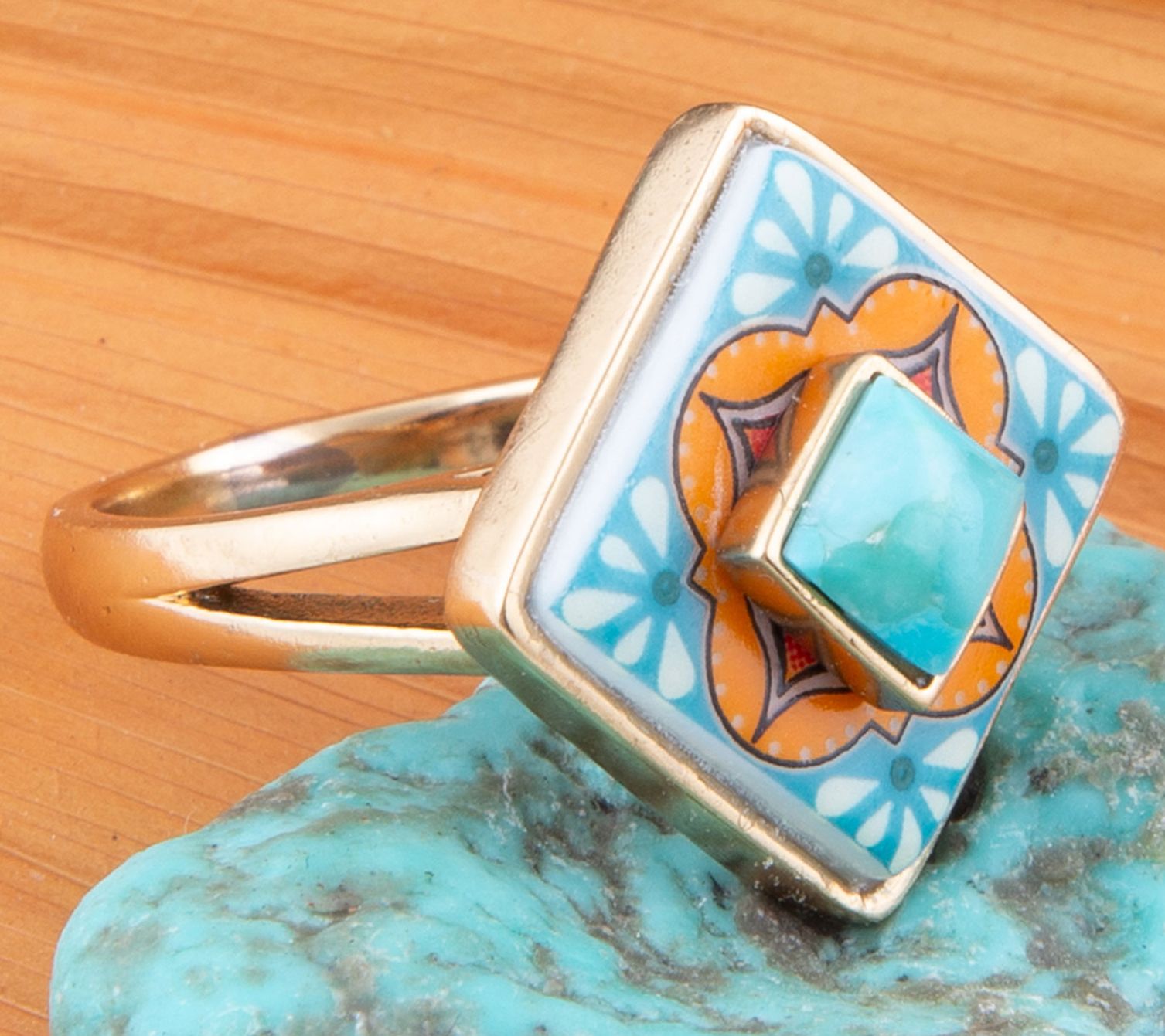 Barse Artisan Crafted Blue Turquoise Golden Tile Ring - QVC.com