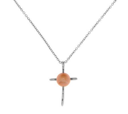 Honora Cultured Pearl 7.0mm Button Sterling Cross Pendant - QVC.com