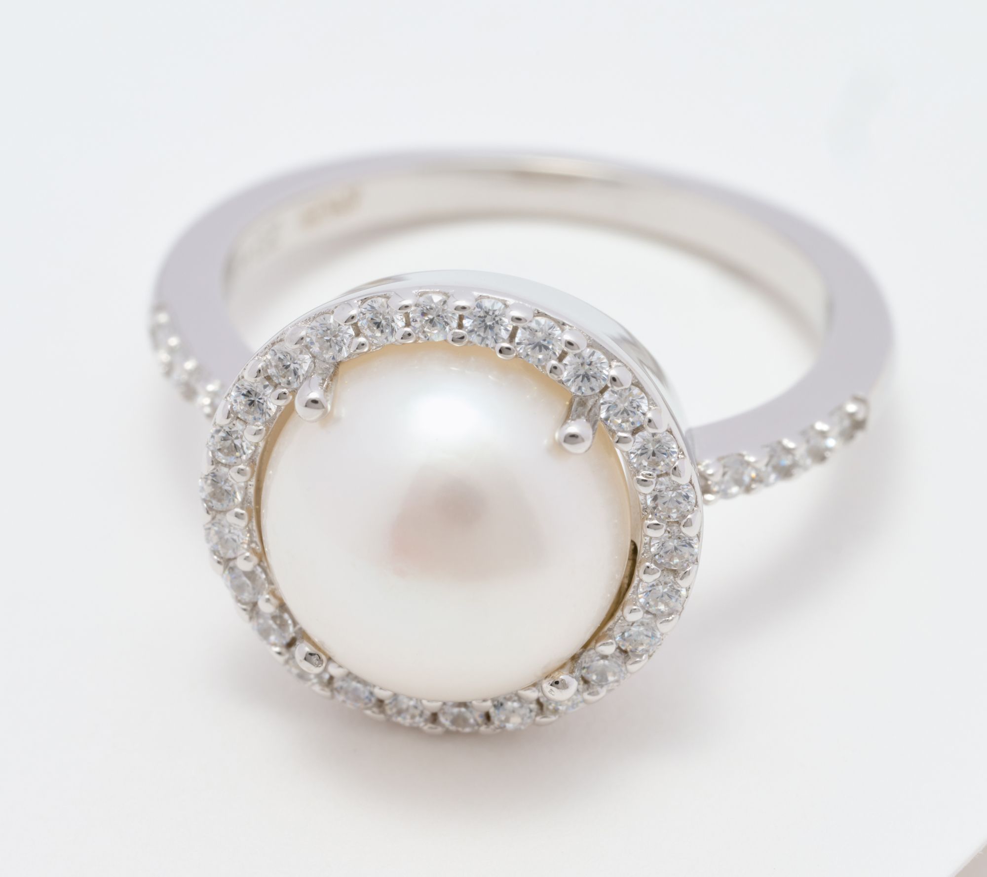 "As Is" Honora x Diamonique Cultured Pearl Halo Ring, Sterling Silver ...