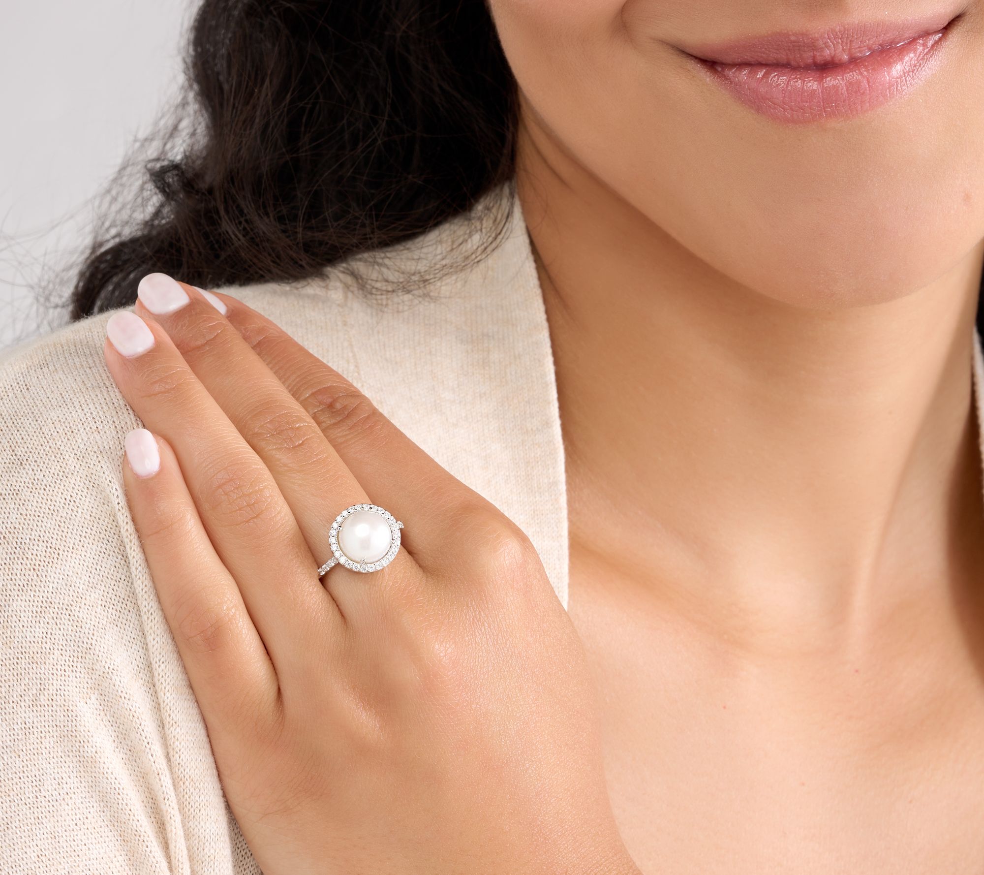 "As Is" Honora x Diamonique Cultured Pearl Halo Ring, Sterling Silver ...