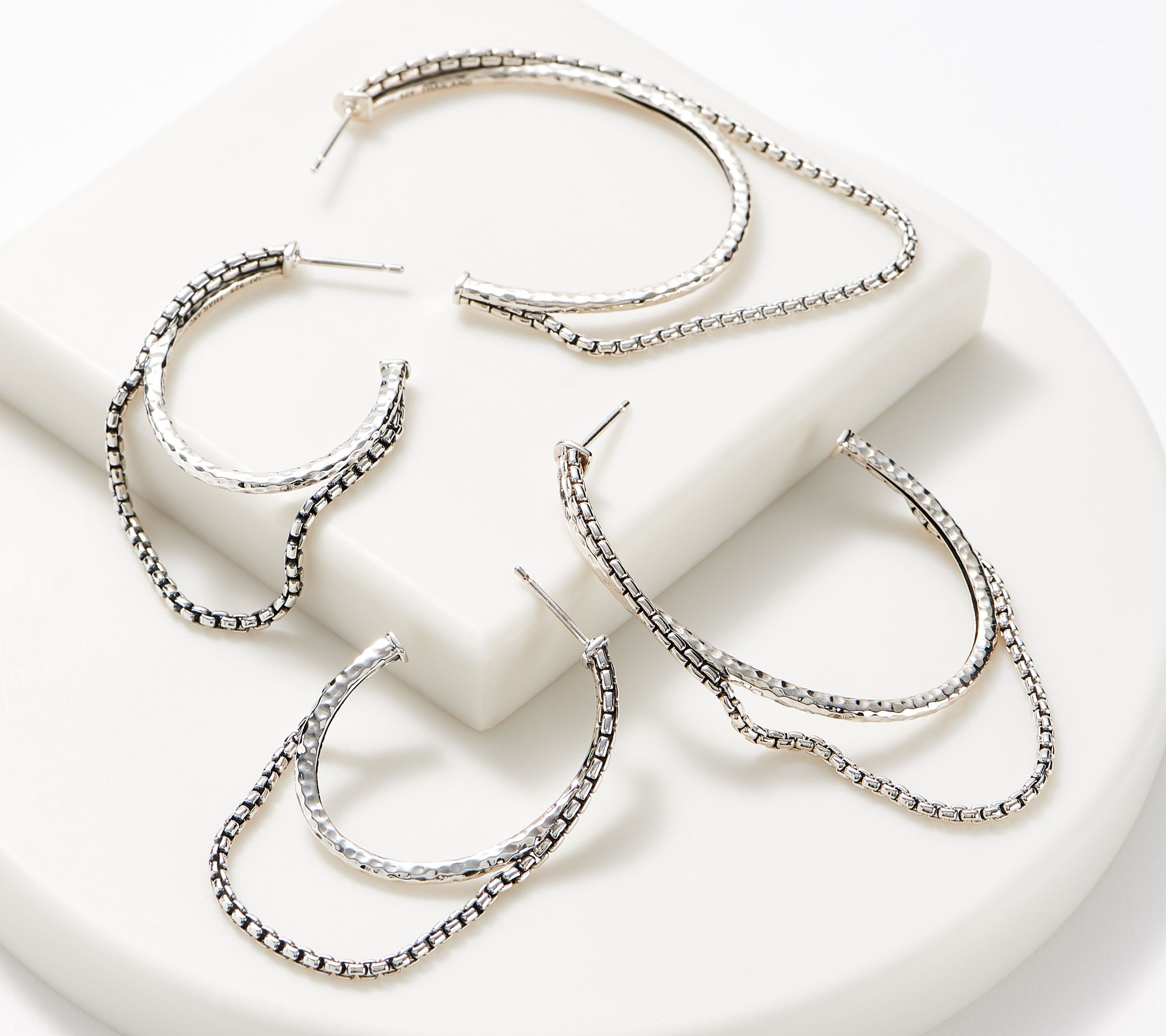 JAI Sterling Silver 2-2.5" Hammered Box Chain Hoop Earrings - QVC.com