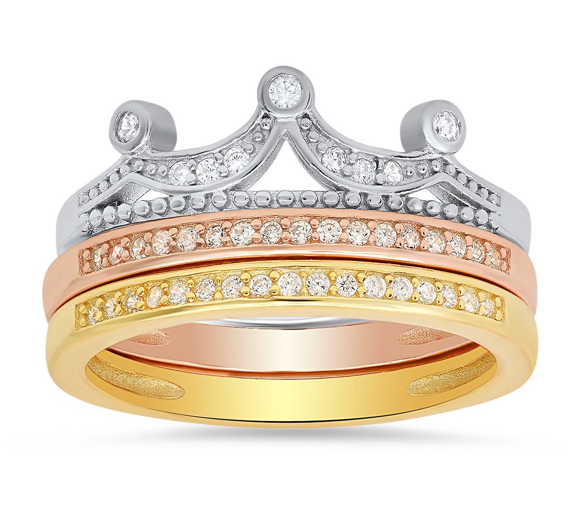 Sterling Silver Tri-Color Crown Stackable RingSet - QVC.com