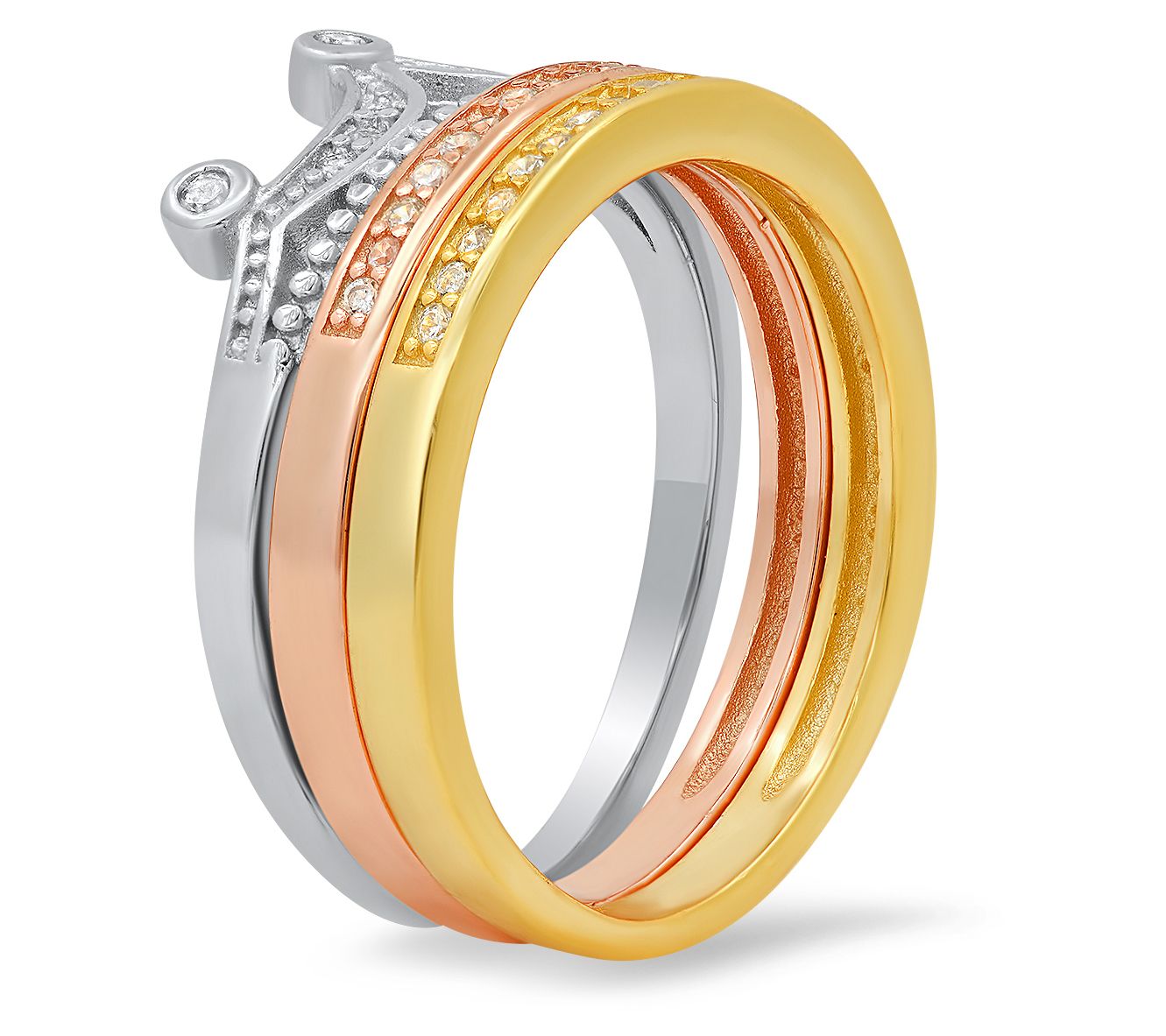 Sterling Silver Tri-Color Crown Stackable RingSet - QVC.com