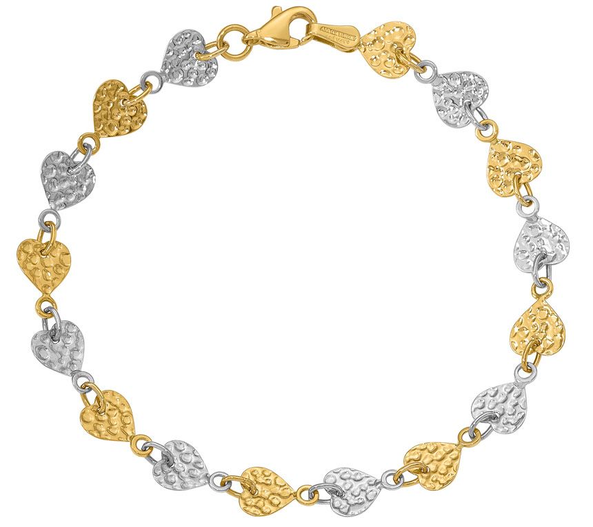 14K Gold 7" Two-Tone Textured Heart Link Bracelet, 3.3g - QVC.com
