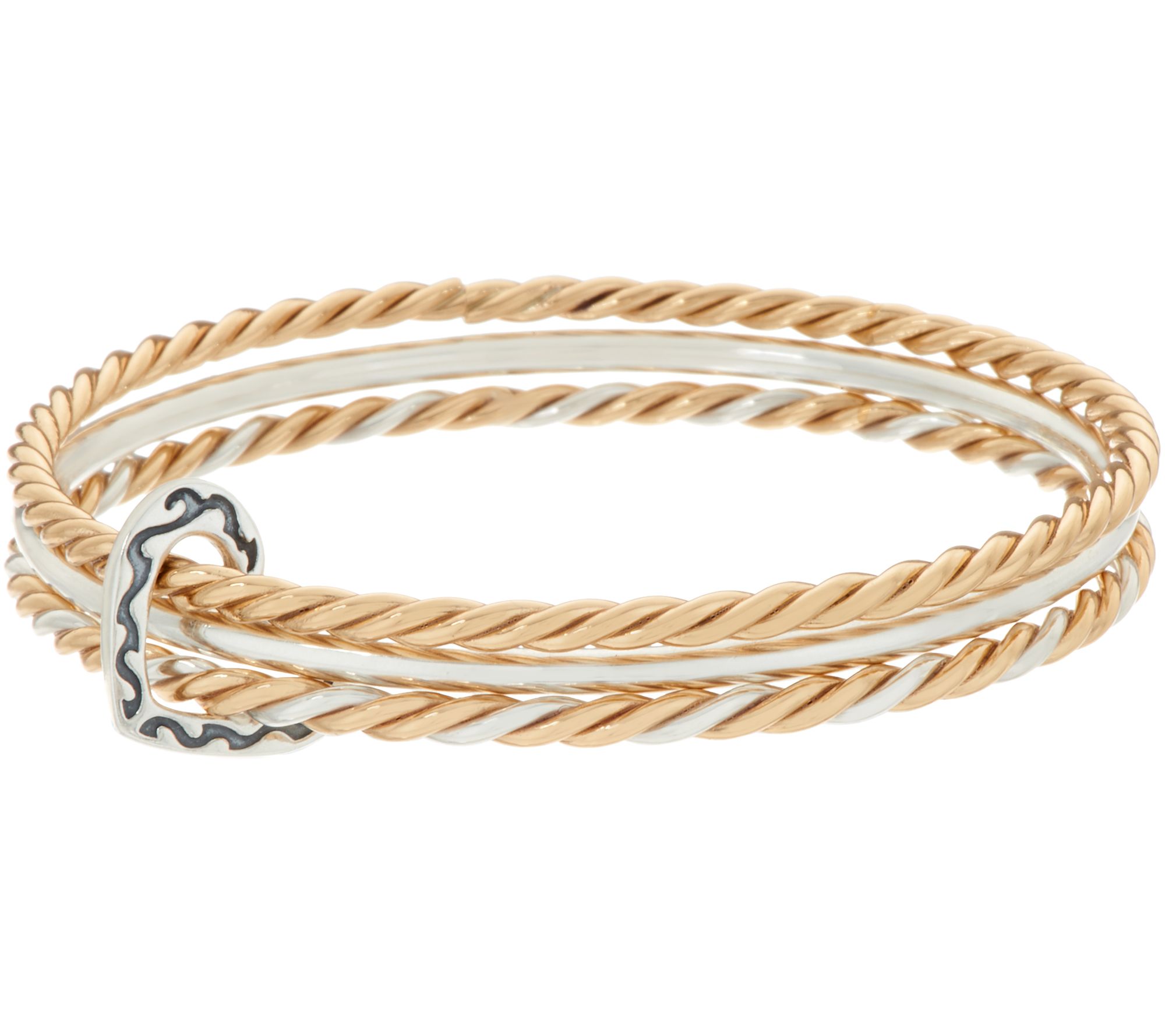 American West Sterling and Brass Triple Bangle with Heart Charm - QVC.com