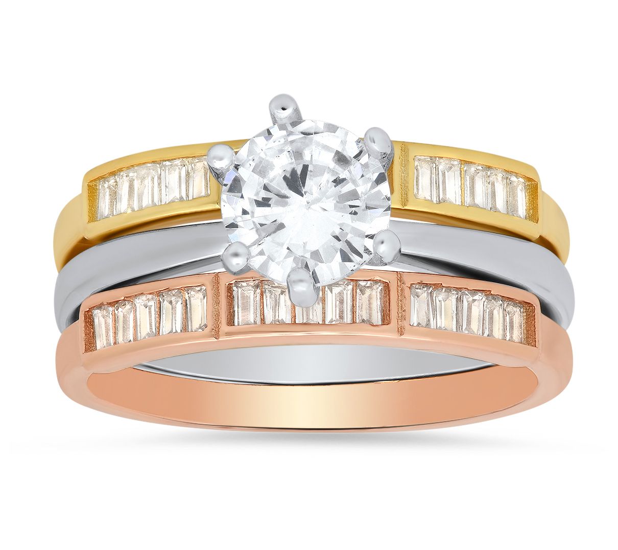 Sterling Silver Tri-Color Solitaire Center Stackable Ring Set - QVC.com