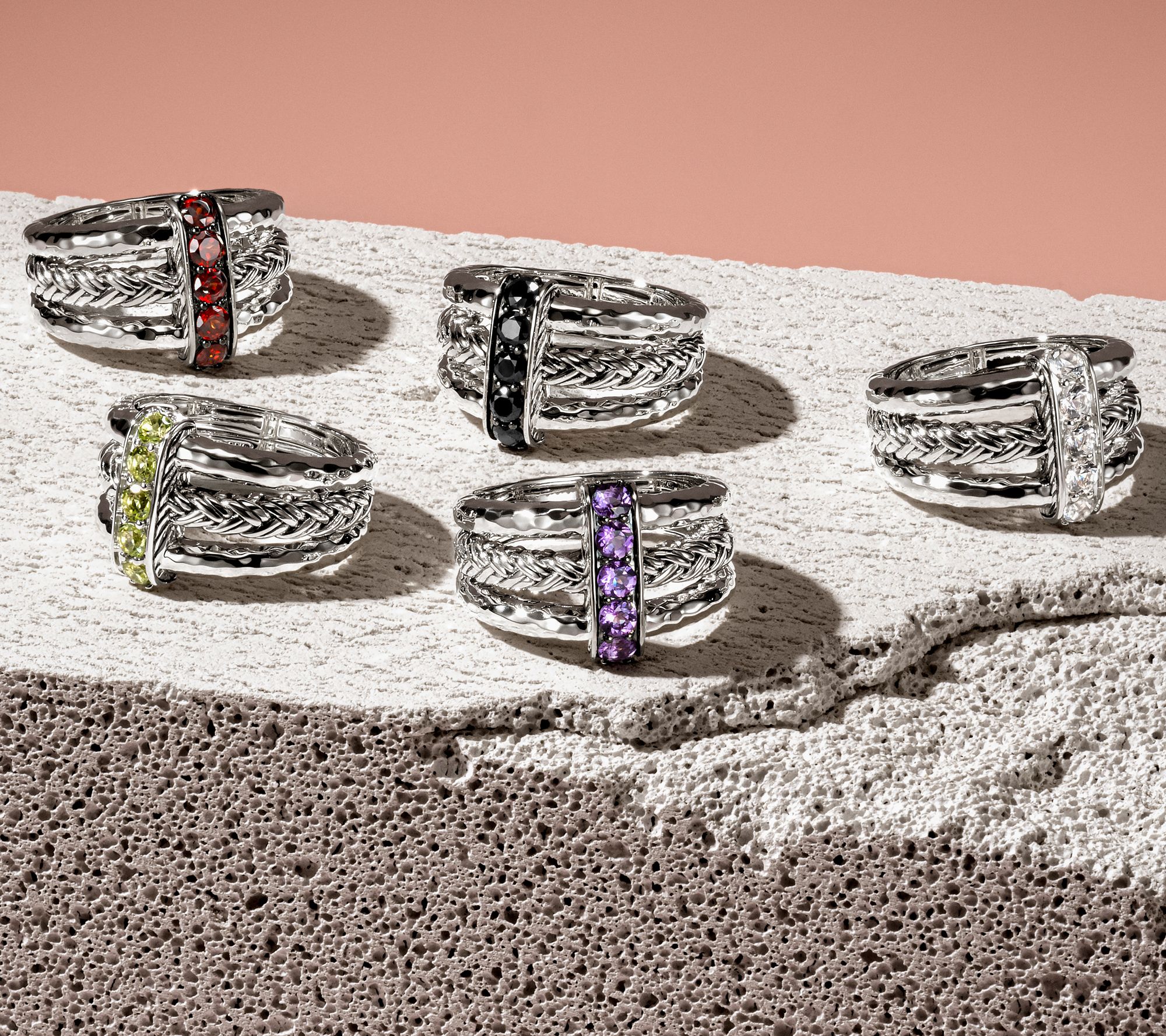 JAI Sterling Silver Legacy Woven Texture Pave Gemstone Ring - QVC.com