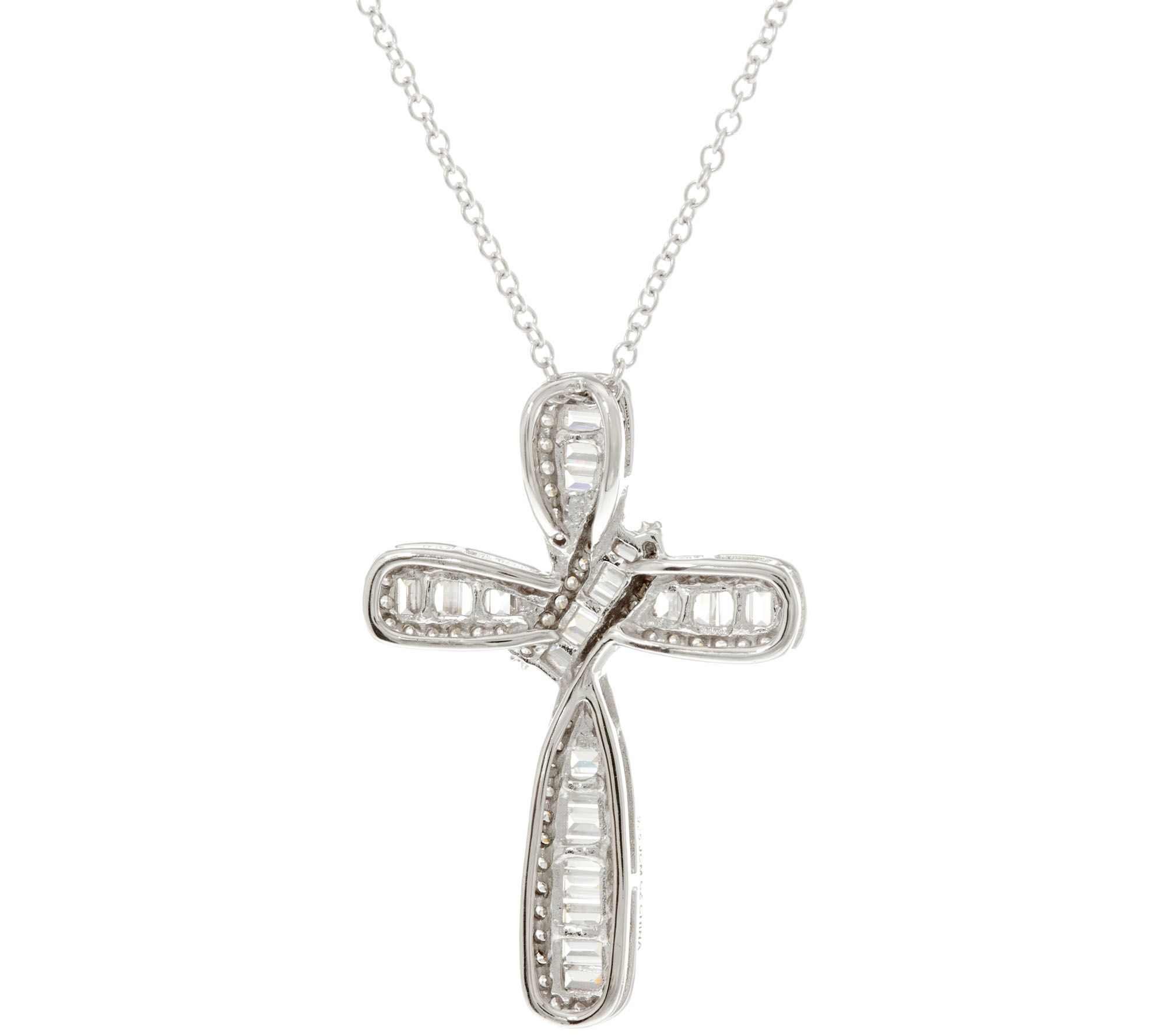 Diamonique Baguette Cross Pendant with 18" Chain, Sterling - QVC.com