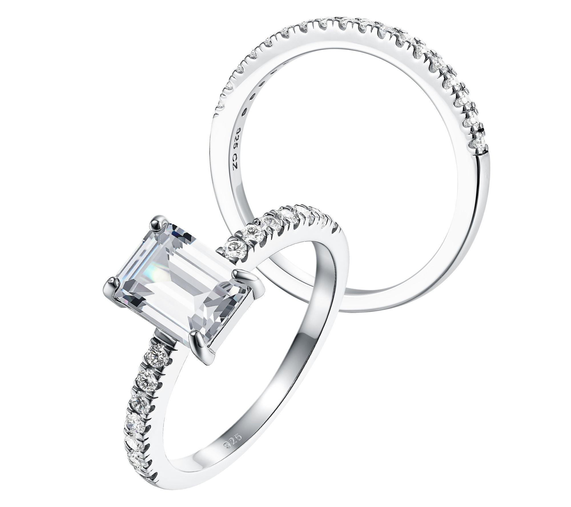 Diamonique Emerald Cut Ring w/ Eternity Bands Set, Sterling - QVC.com