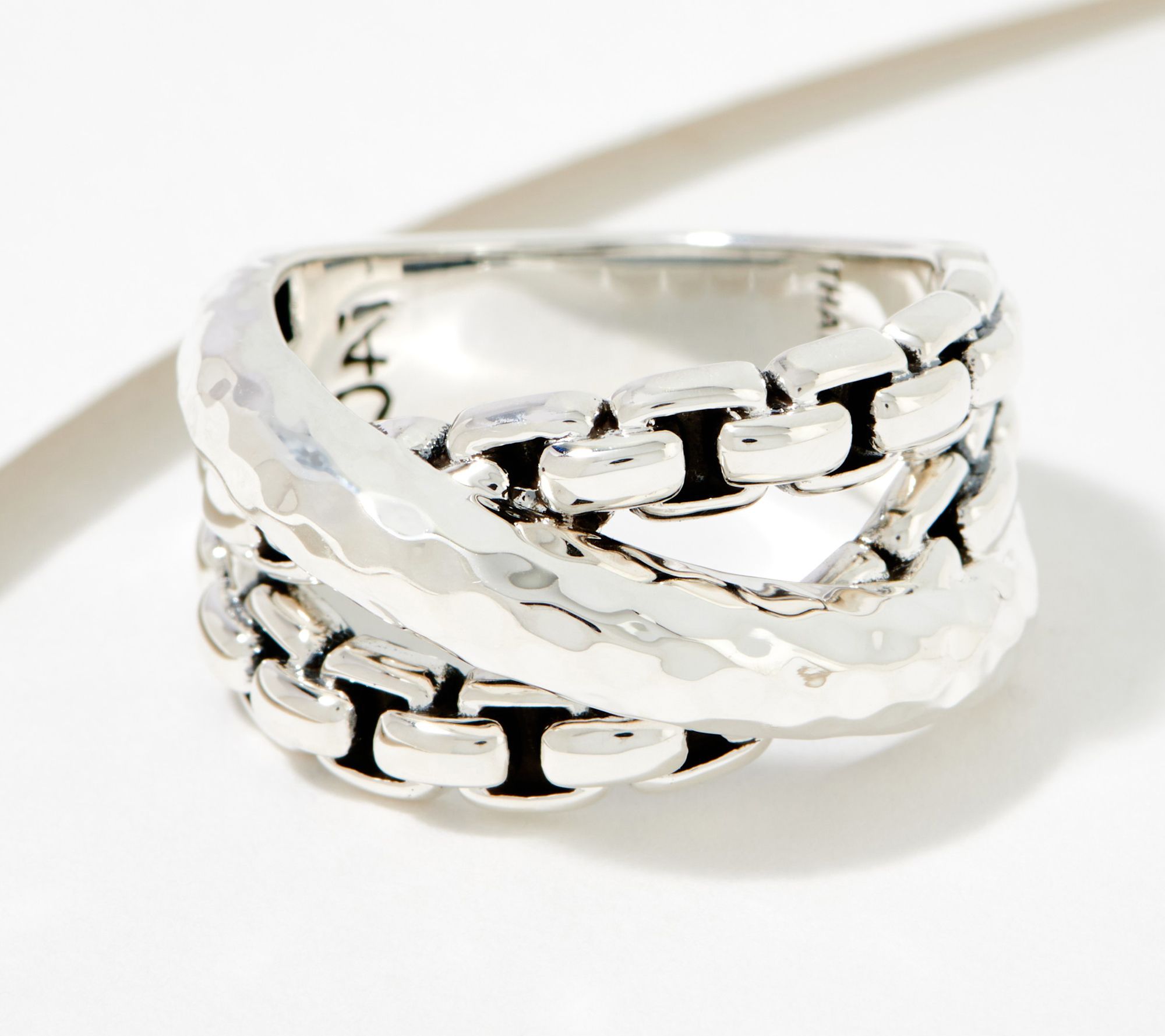 "As Is" JAI Sterling Silver Box Chain Hammered Crossover Ring - QVC.com